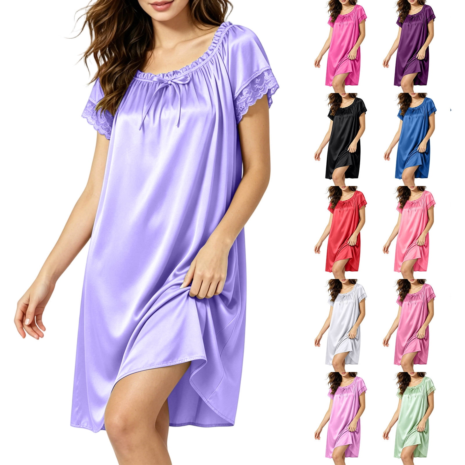 Frostluinai Satin Nightgowns for Women Short Sleeve Lace Trim Night ...