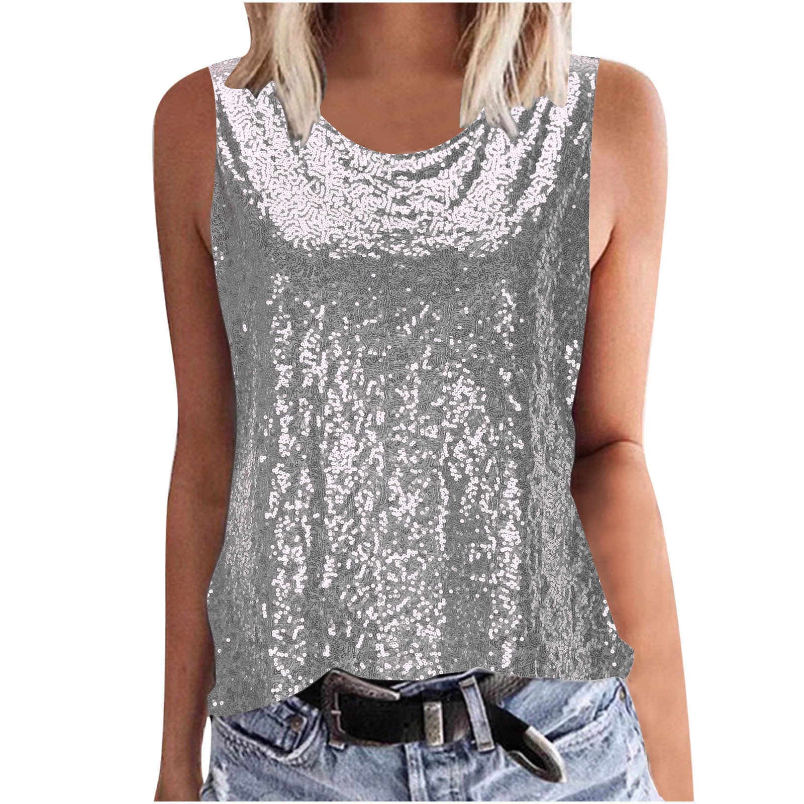 Frostluinai Squined Tank Tops for Women Crew Neck Sleeveless Camisoles Sparkly Party Tunic Tanks ...