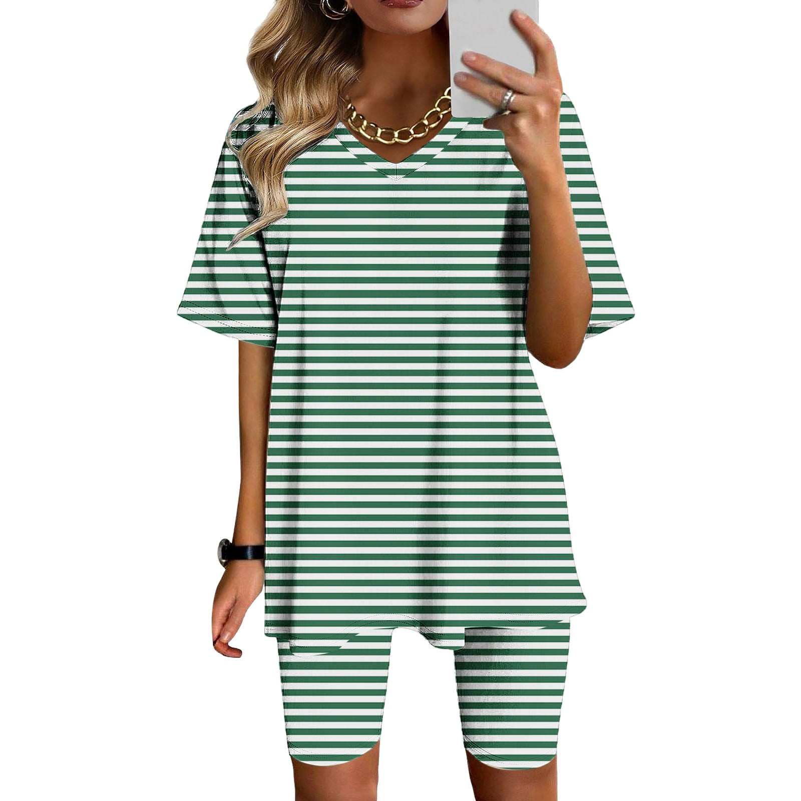 Frostluinai Striped Sets for Women 2 Piece V Neck Short Sleeve Tunic ...