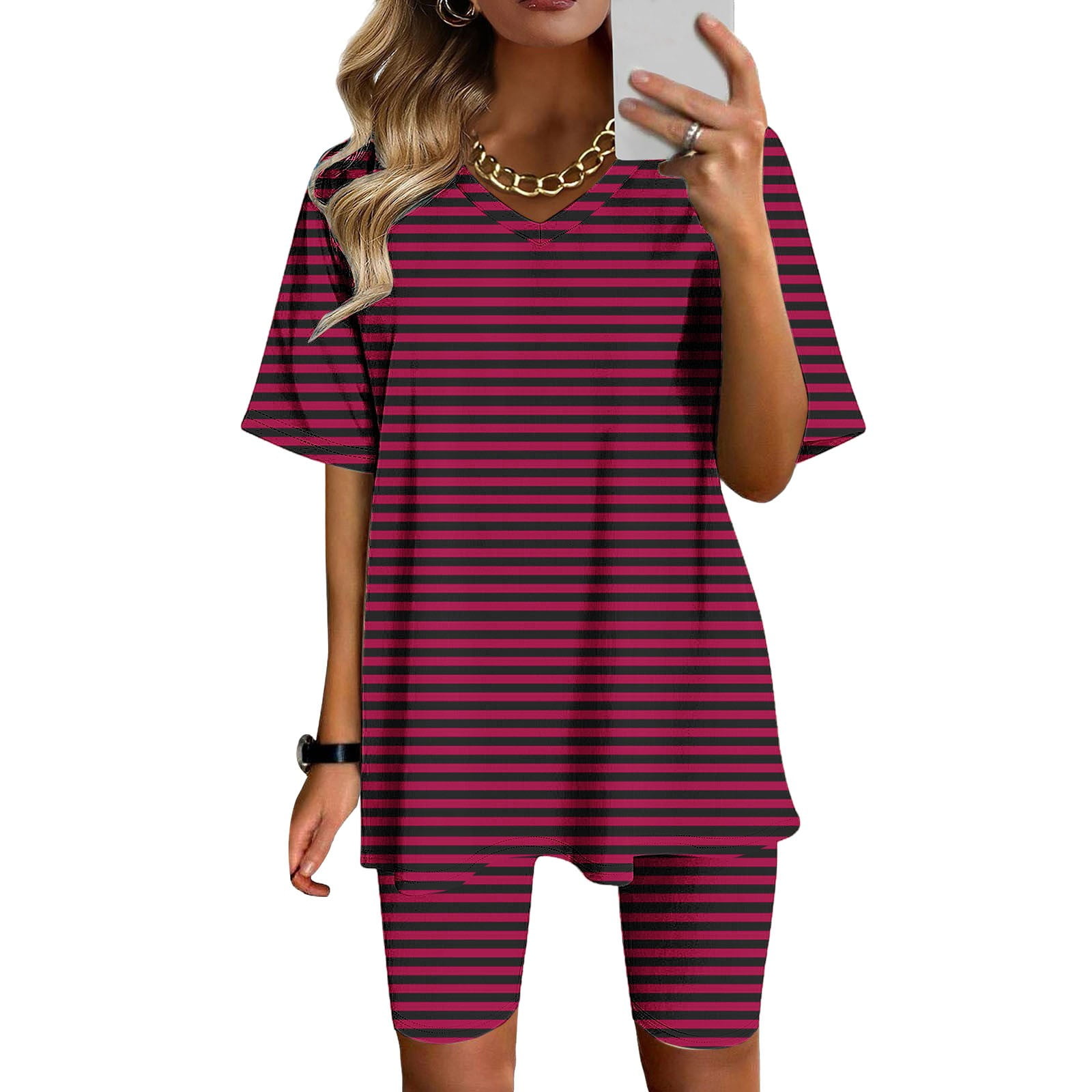 Frostluinai Striped Sets for Women 2 Piece V Neck Short Sleeve Tunic ...
