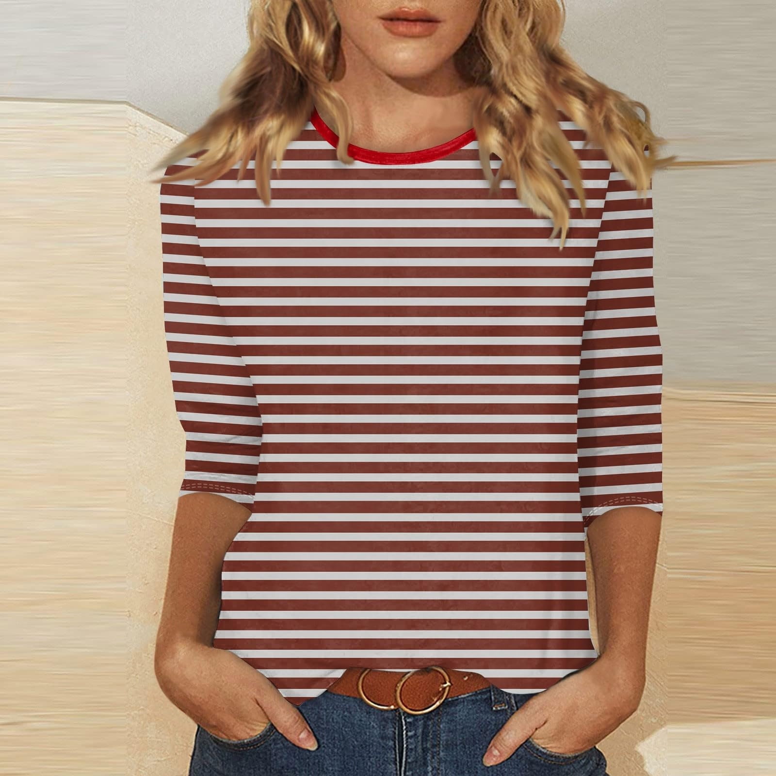 Frostluinai Striped Tops for Women 2025 3/4 Sleeve T Shirts Crew Neck ...