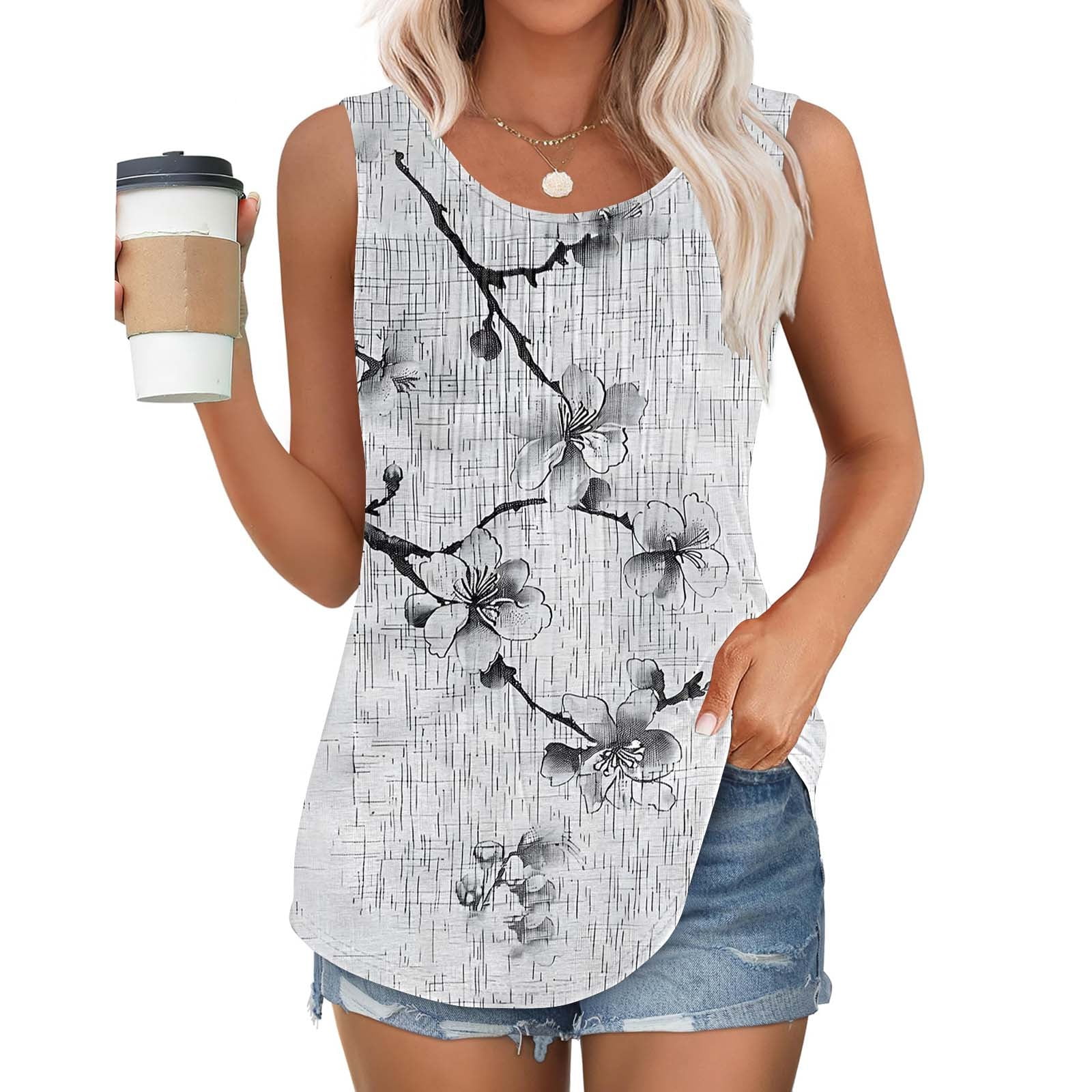 Frostluinai Summer Tank Tops for Women Sleeveless Floral Print Tanks Round Neck Pleated Tunic ...