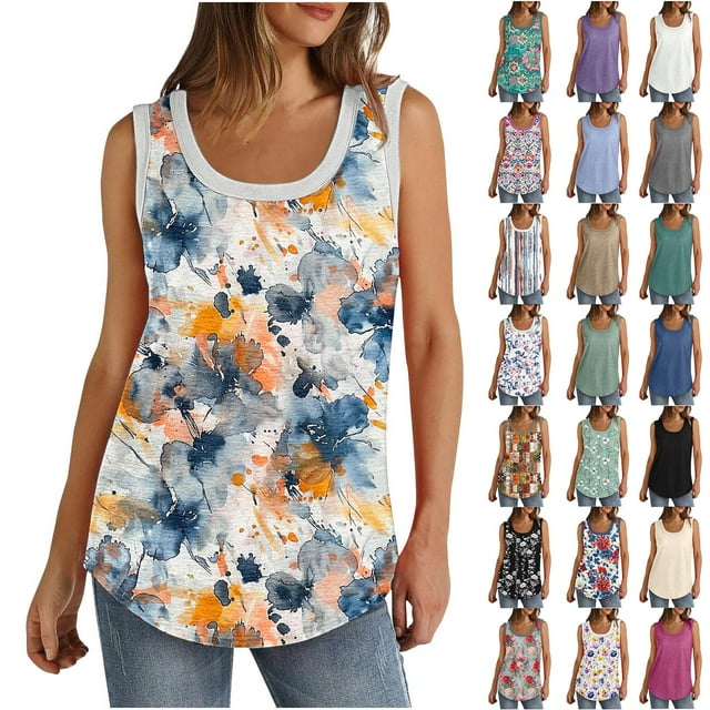Frostluinai Summer Tank Tops for Women Sleeveless Ribbed Trim Floral Shirts Scoop Neck Curved ...