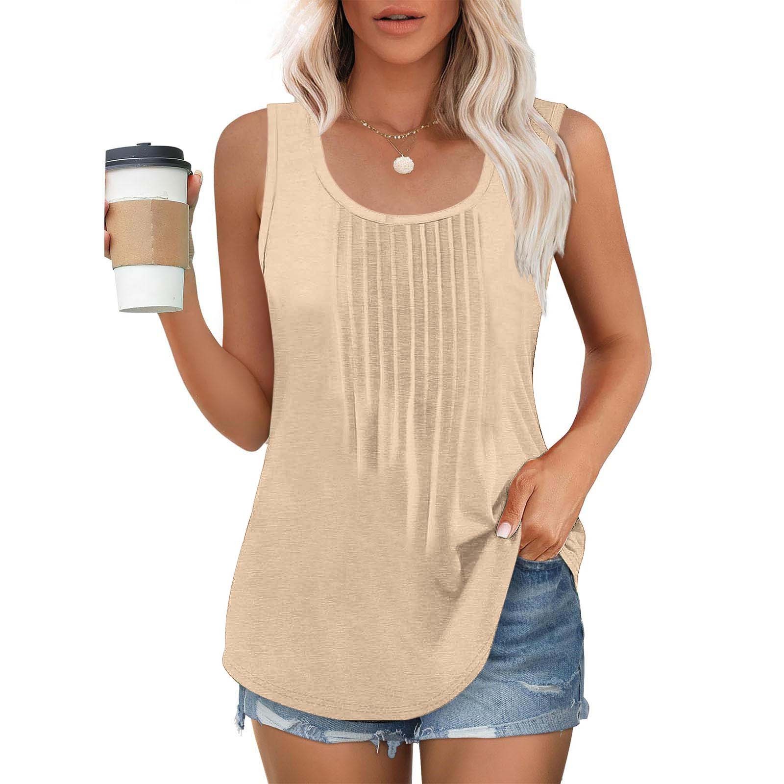 Frostluinai Tank Tops for Women Sleeveless Casual Tunic Shirts Round Neck Pleated Tanks Solid ...