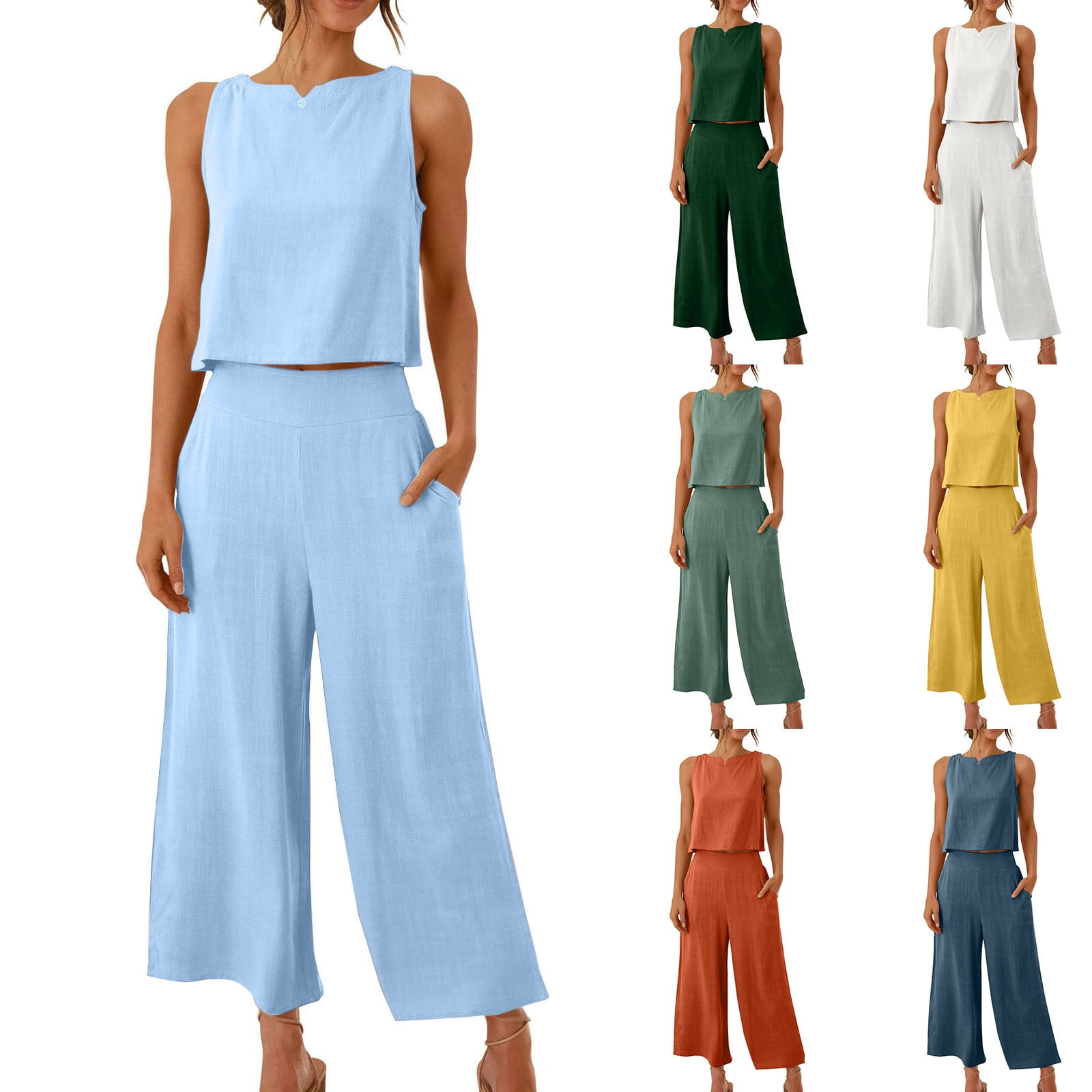 Frostluinai Travel Outfits for Women 2 Piece Sets Solid Cotton Linen ...