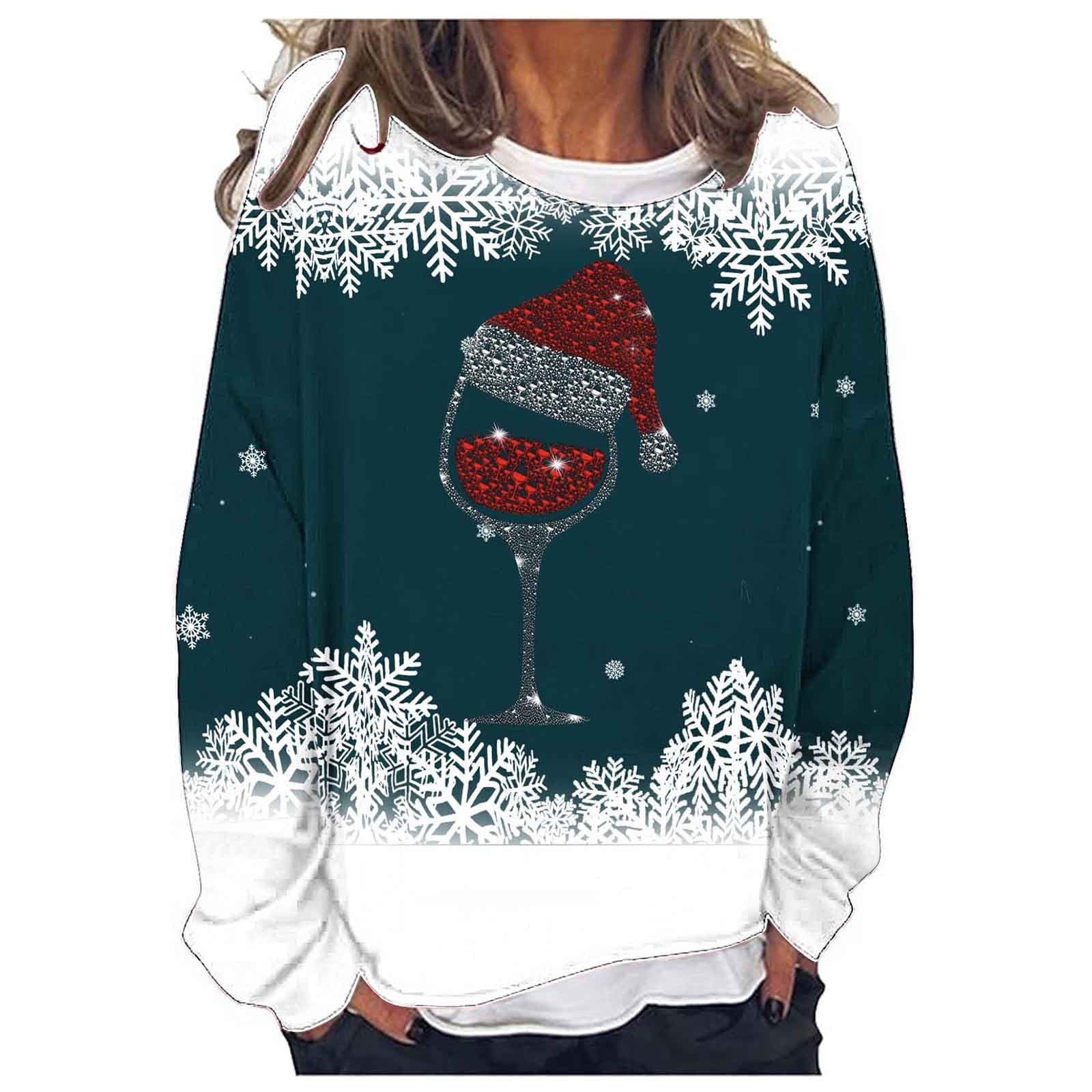 Frostluinai Ugly Christmas Sweatshirts Women Xmas Red Wine Glass Graphic Pullover Oversized ...