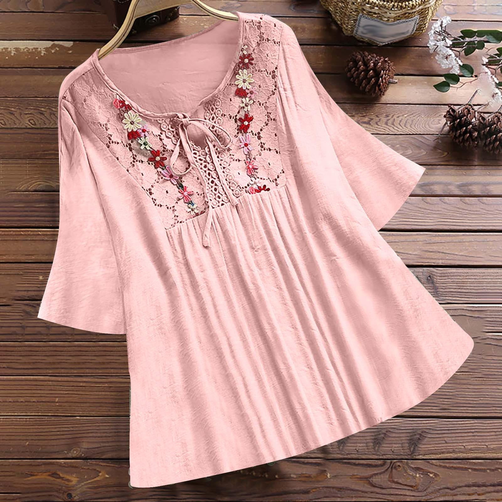 Frostluinai Vintage Tunic Shirts for Women 3/4 Sleeve Floral Embroidery ...