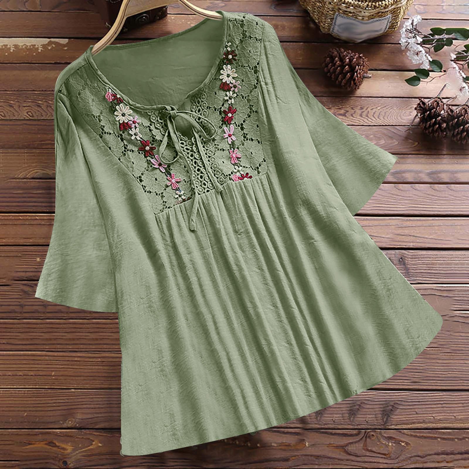 Frostluinai Vintage Tunic Shirts for Women 3/4 Sleeve Floral Embroidery ...