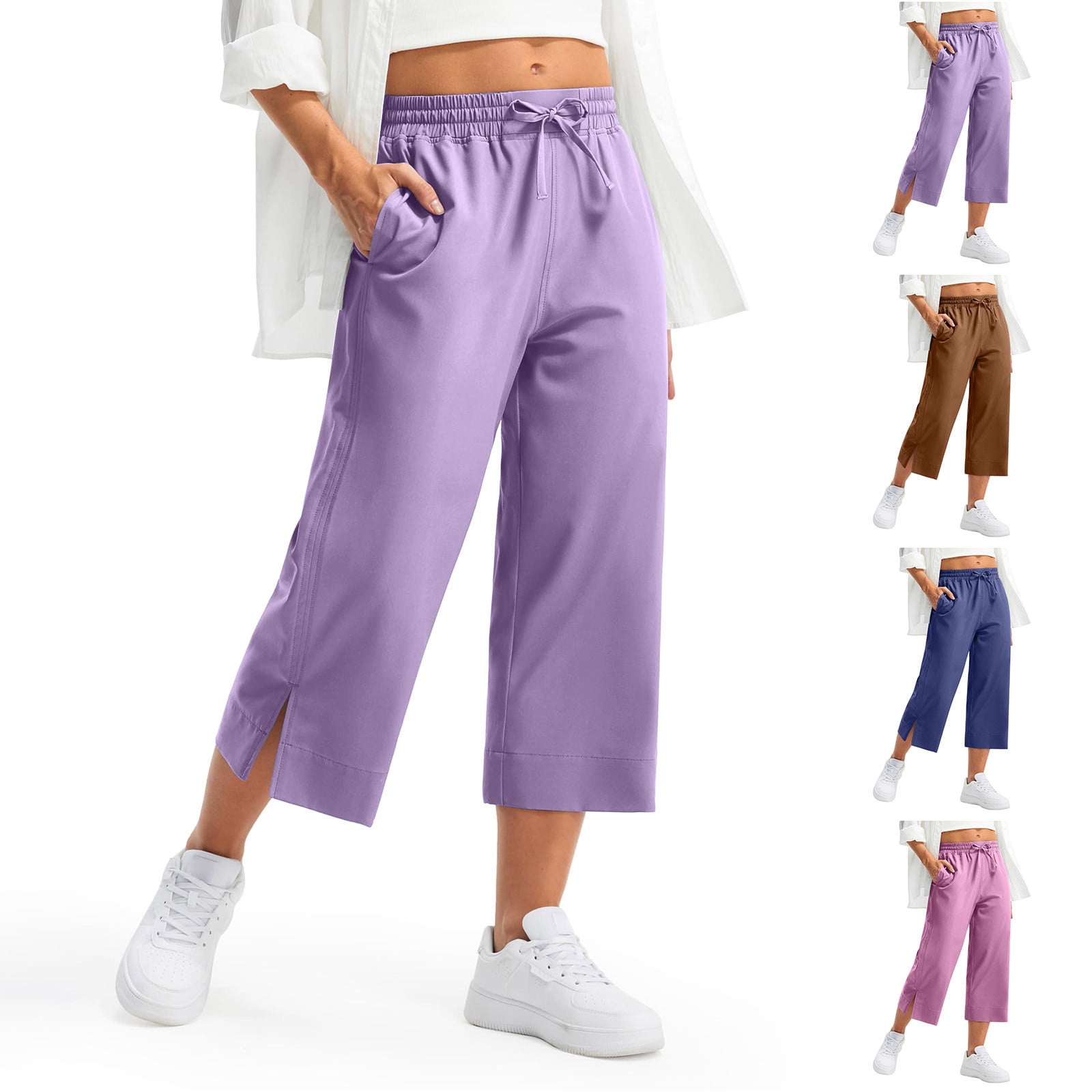 Frostluinai Wide Leg Capri Pants Womens Elastic Waist Drawstring Capris ...