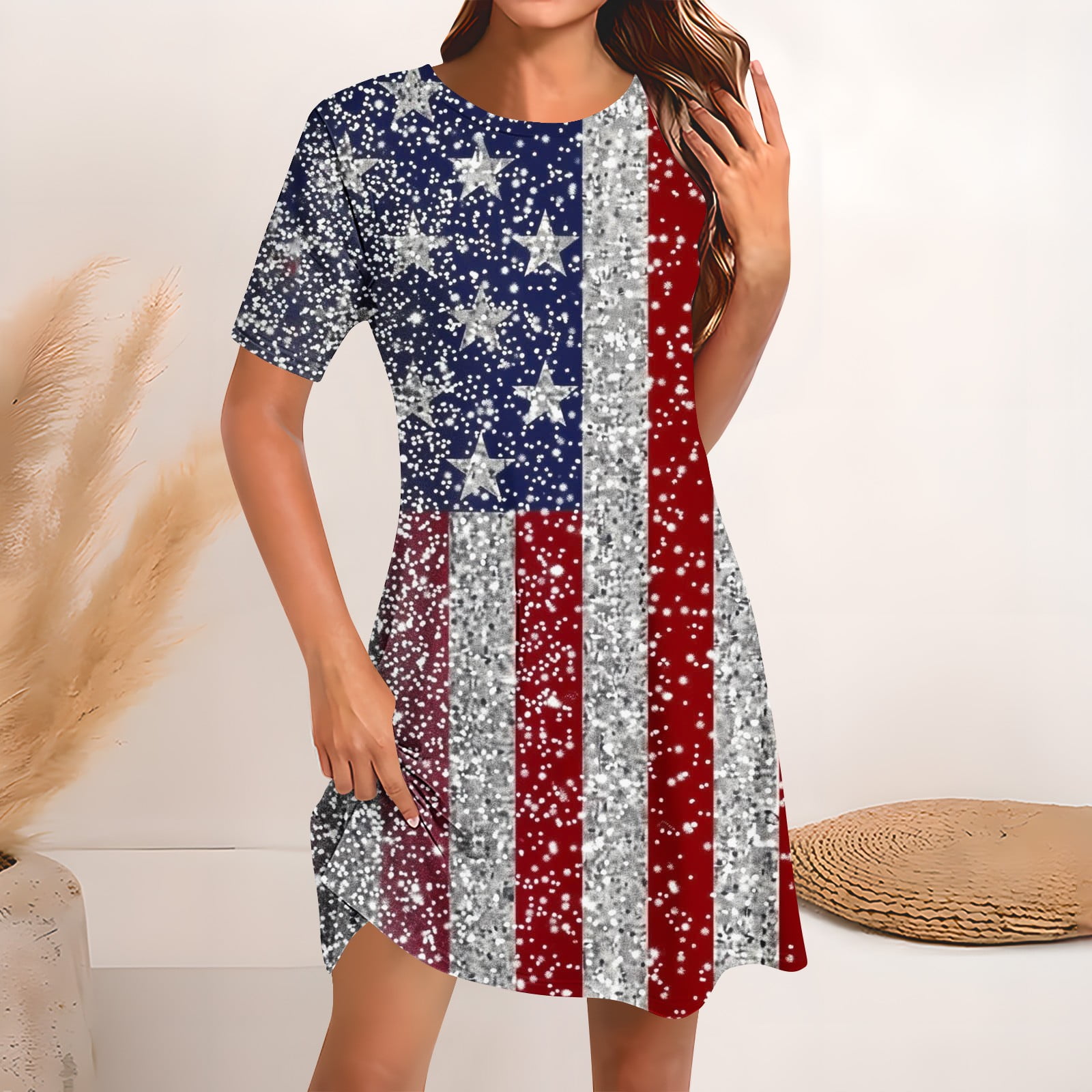 Frostluinai Women American Flag Dress Short Sleeve Independence Day ...