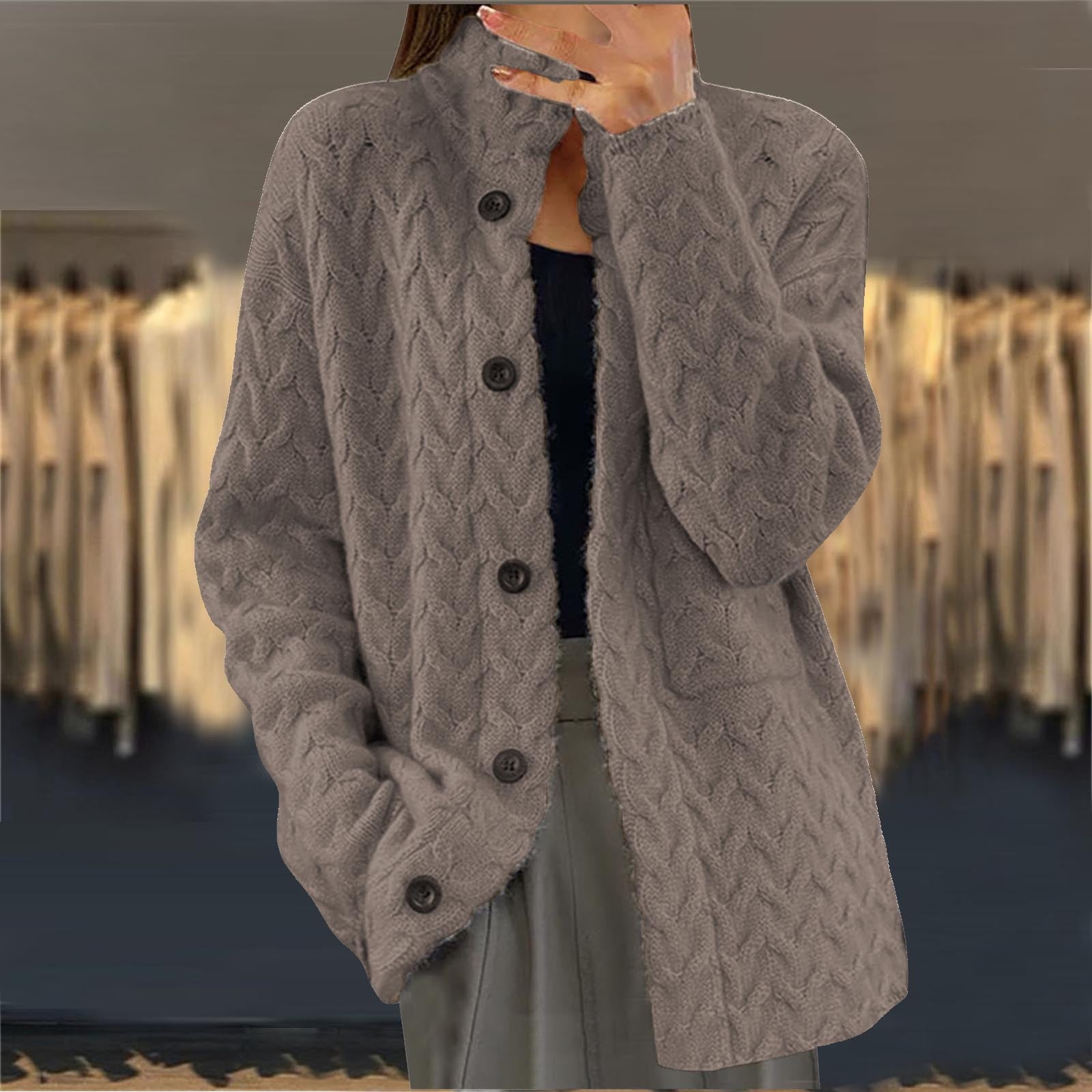 Frostluinai Women Chunky Cable Knit Cardigans Button Down Stand Collar ...