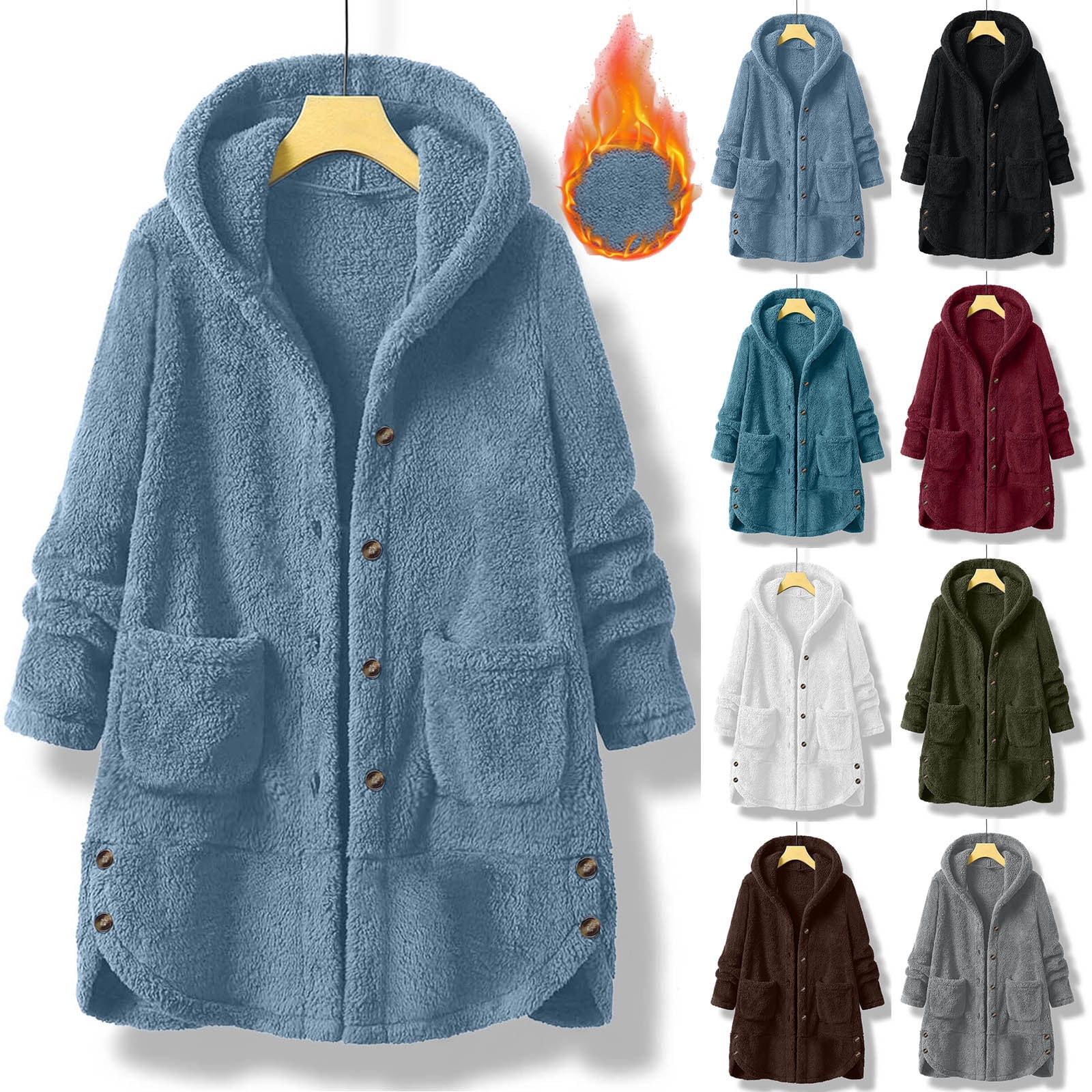 Frostluinai Women Fleece Jacket Coat Button Up Sherpa Jacket with Hood ...