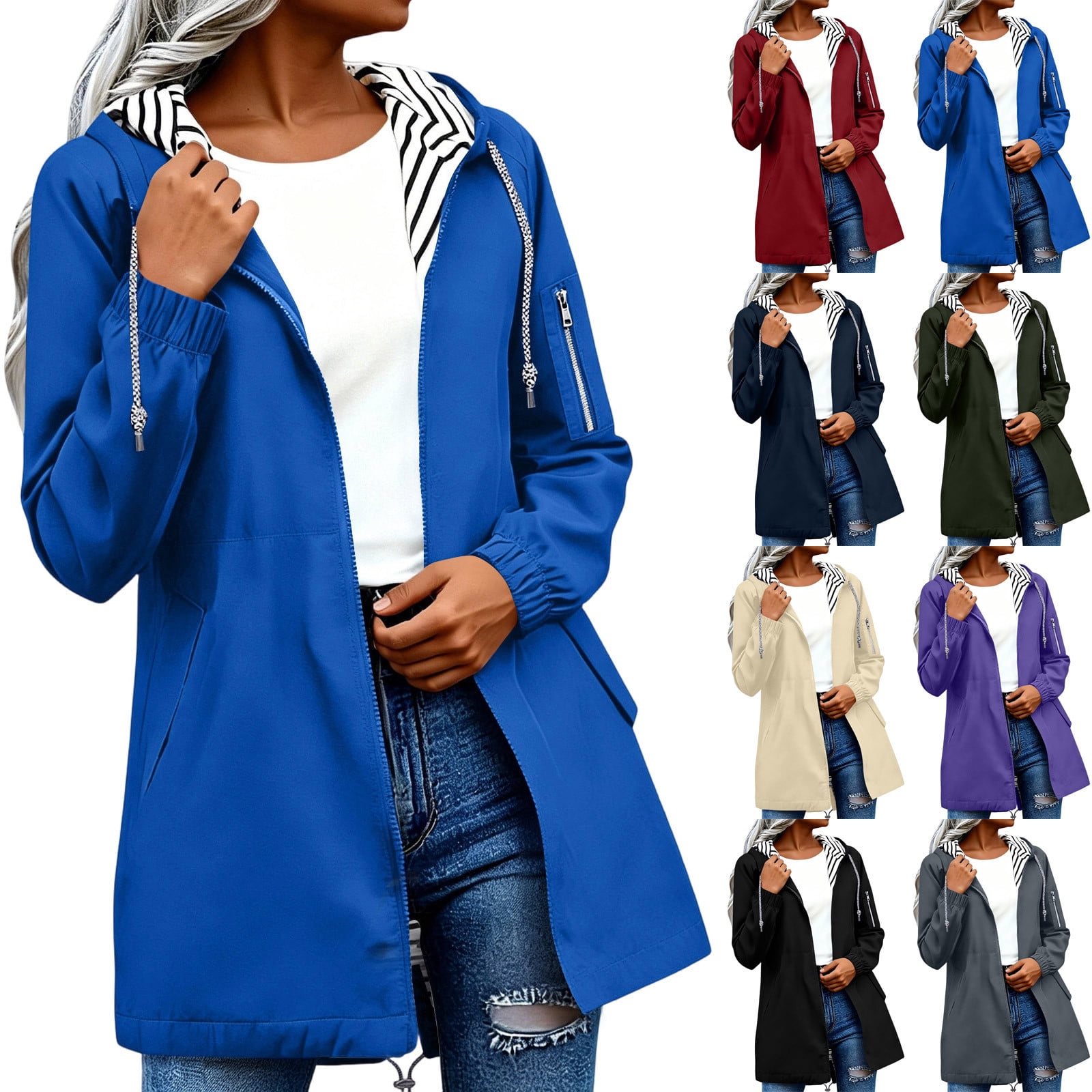 Frostluinai Women's Casual Hooded Rain Jacket Striped Lined Zip Up Coat ...