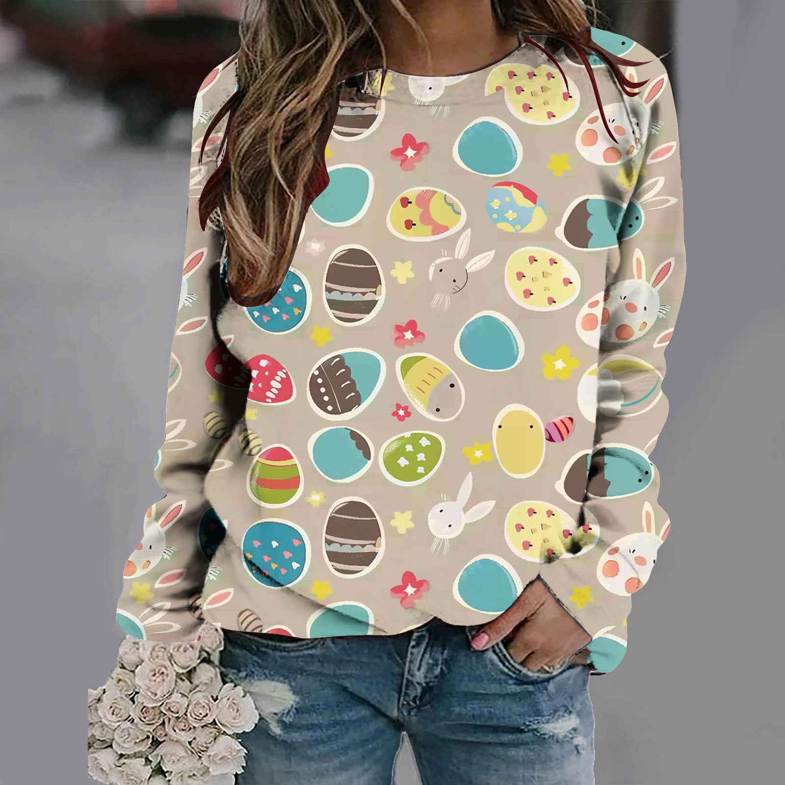 Frostluinai Women's Easter Day Shirts Crewneck Long Sleeve Haoliday Pullover Cute Bunny Eggs ...