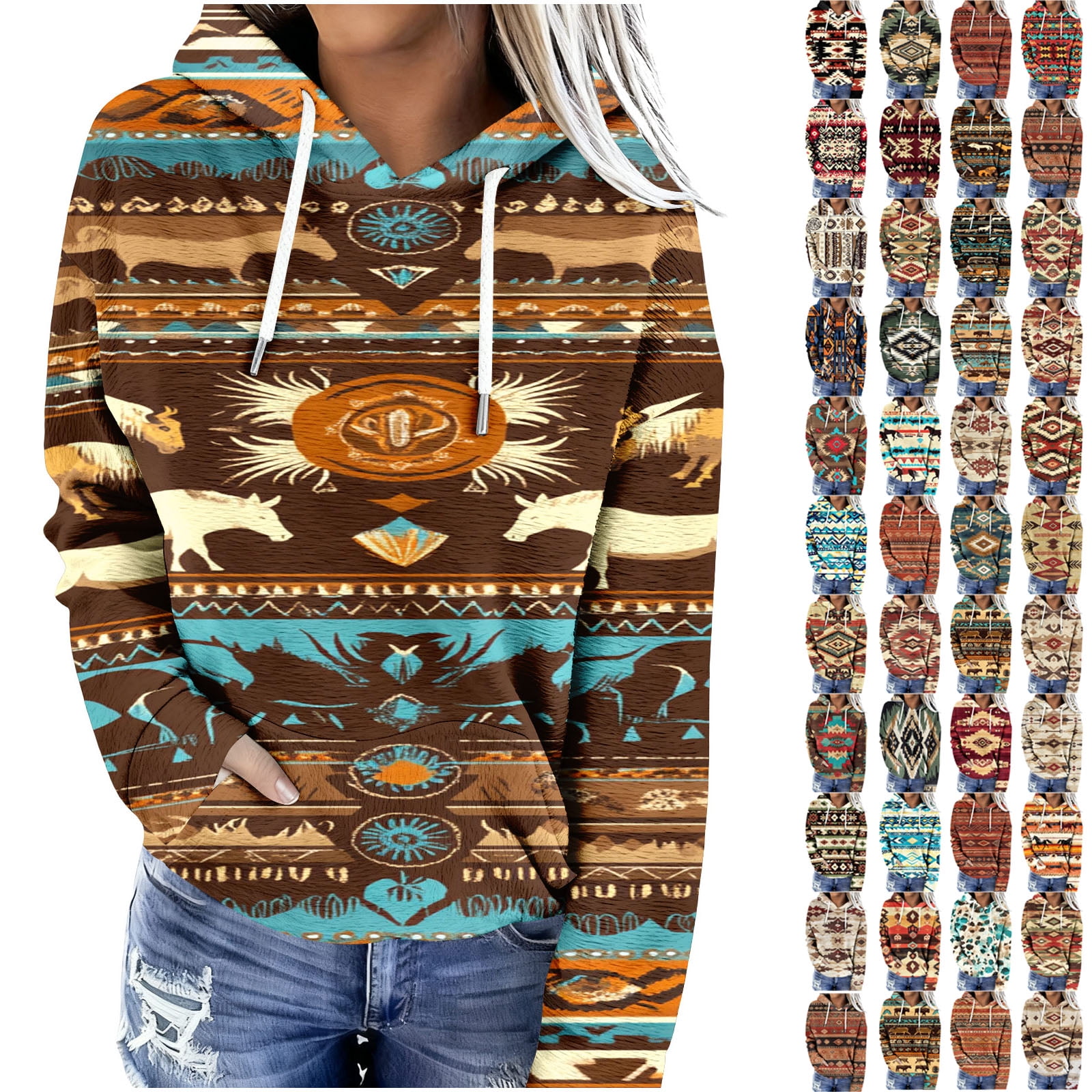 Frostluinai Women's Hoodies Aztec Cow Westerna Sweatshirts for Women ...
