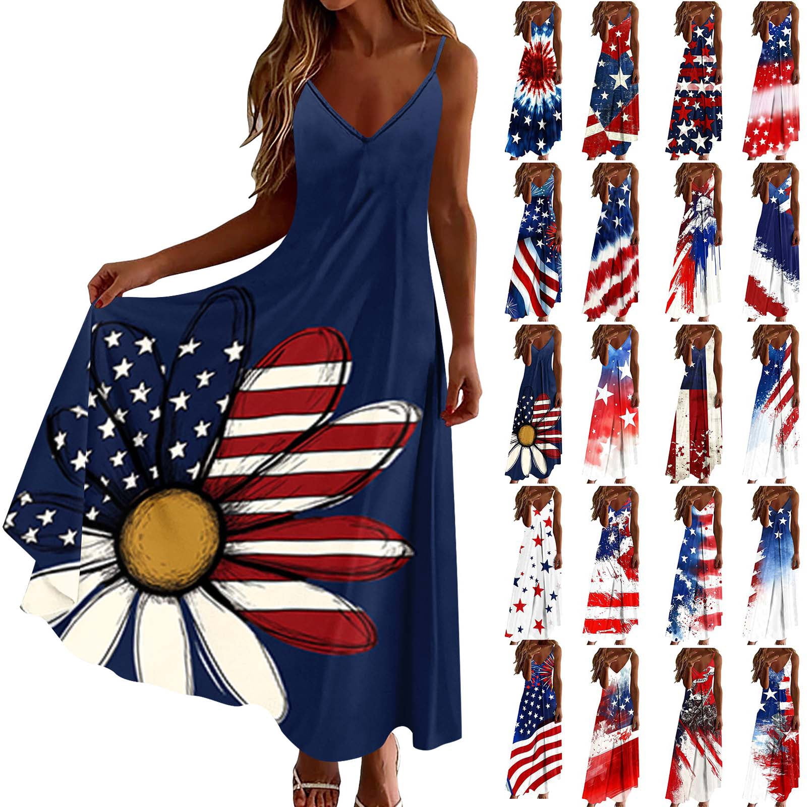 Frostluinai Womens 4th of July Patriotic Dresses V Neck Spaghetti Strap ...