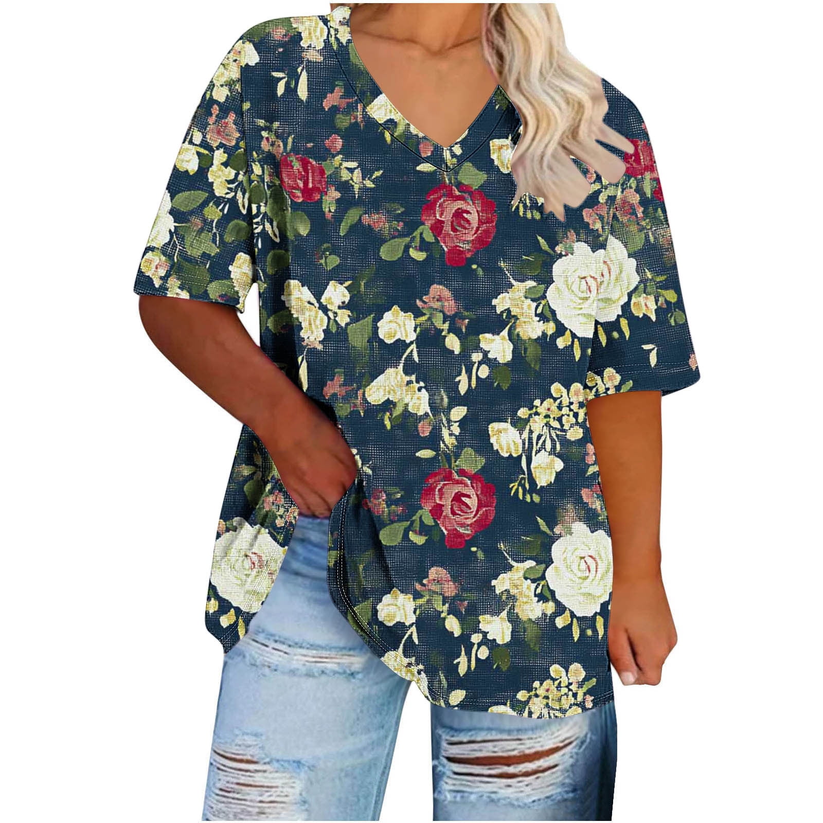 Frostluinai Womens Boho Plus Size Tops Short Sleeve V Neck Loose T ...