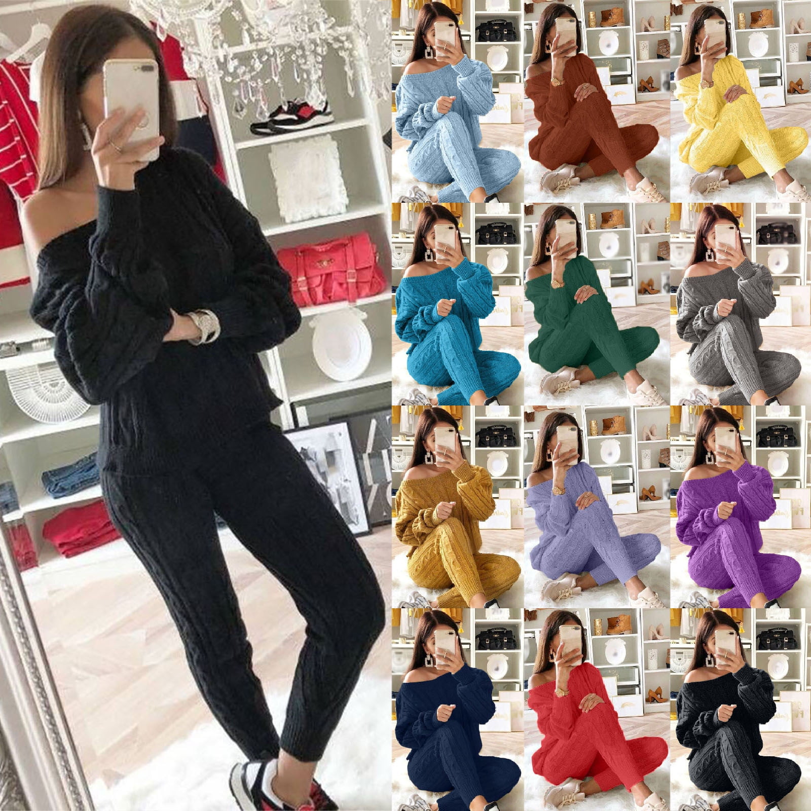 Frostluinai Womens Cable Knit Sweater Sets Dew Shoulder Long Sleeve ...