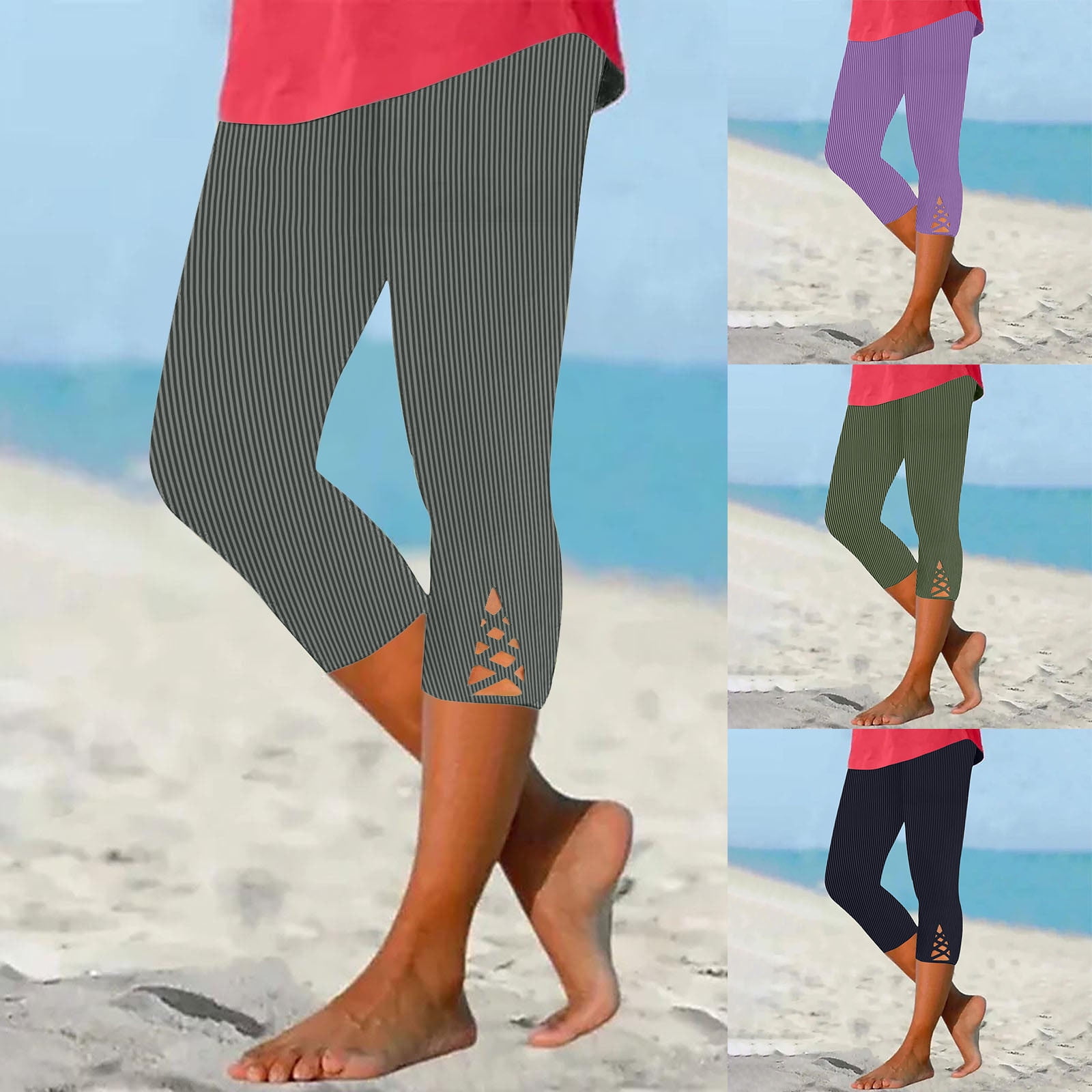 Frostluinai Womens Capri Pants Gifts High Waist Stretchy Ribbed Knit ...