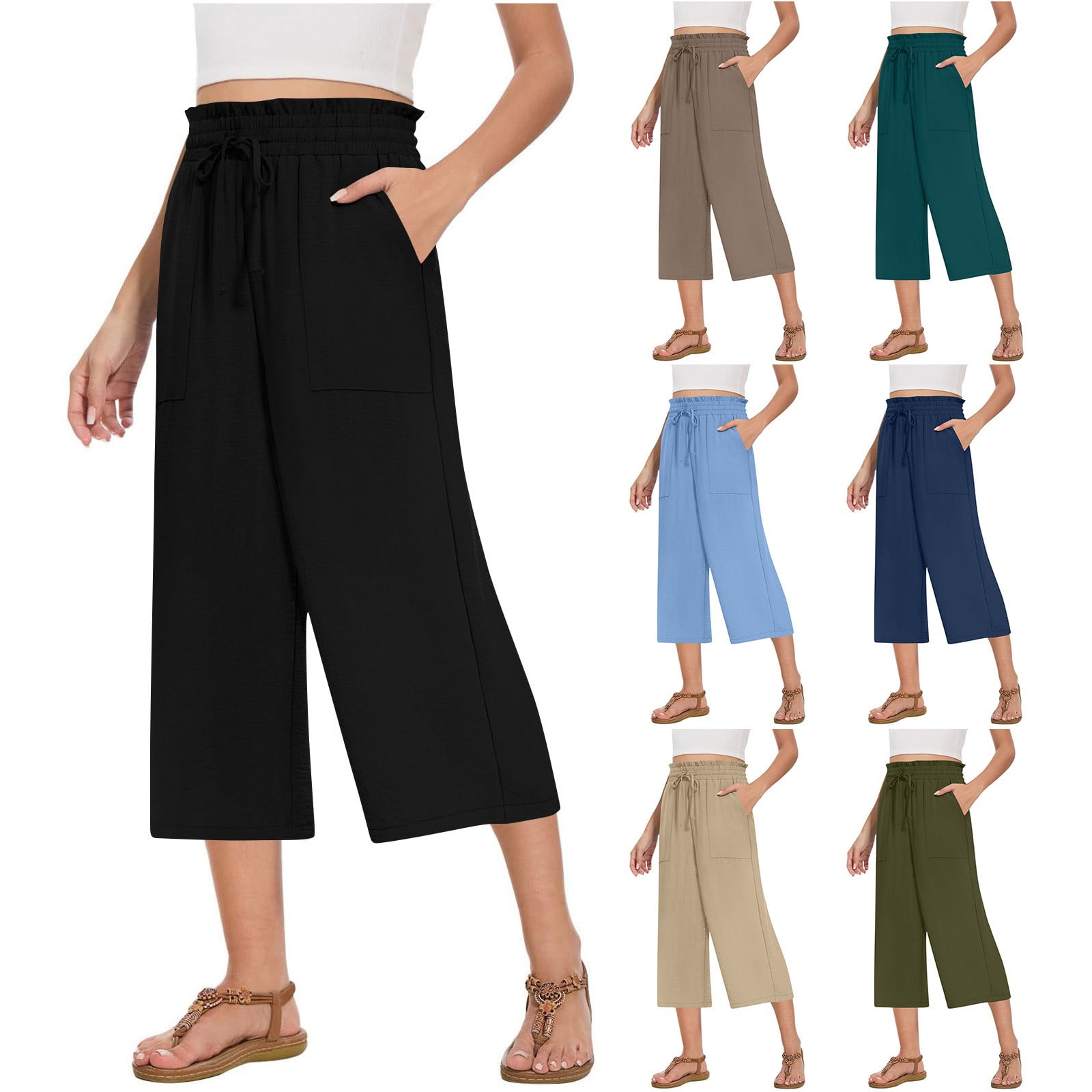 Frostluinai Womens Capris for Summer with Pocket High Waist Paper Bag Pants Solid Color Baggy ...