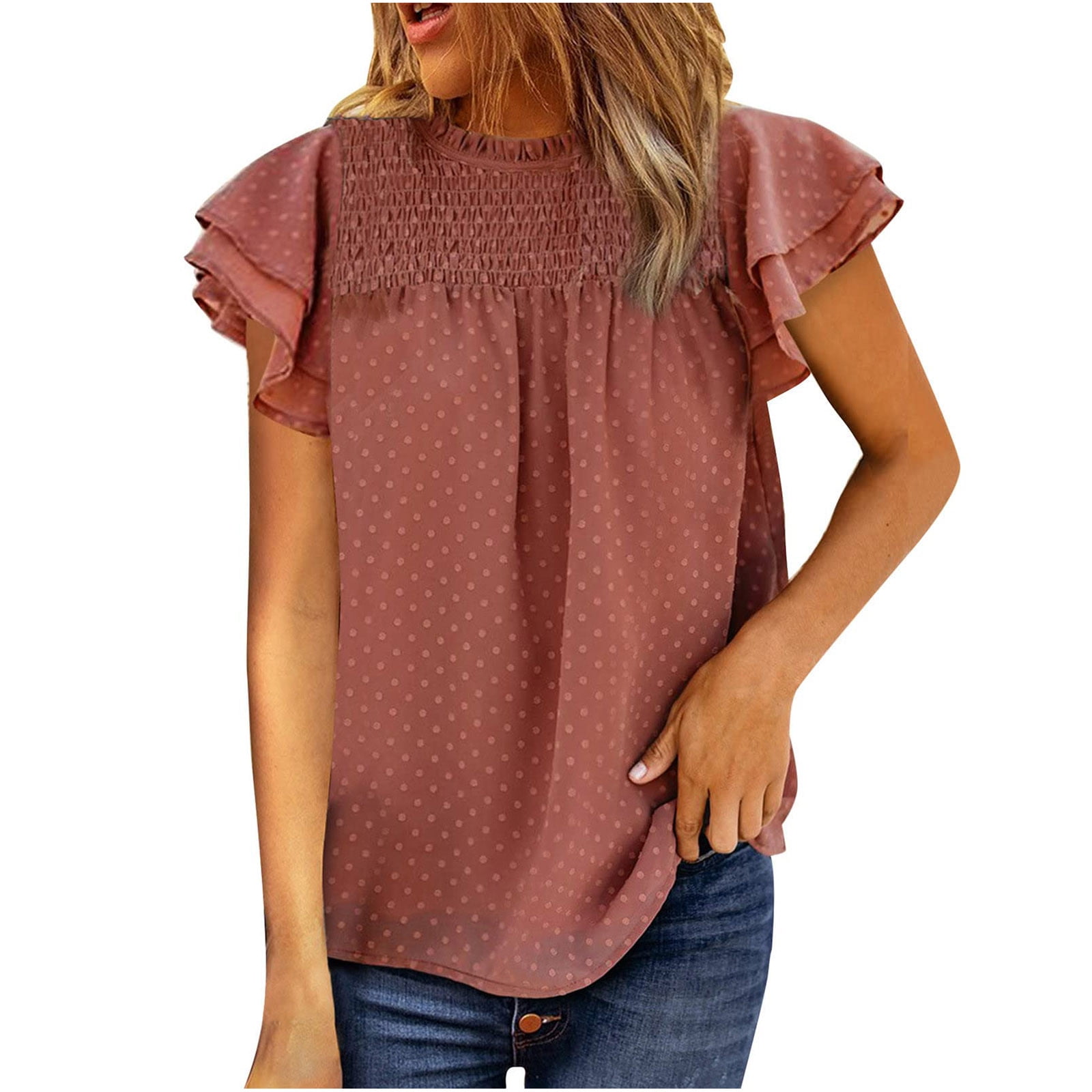 Frostluinai Womens Chiffon Swiss Dot Shirt Tops Round Neck Short Sleeve ...