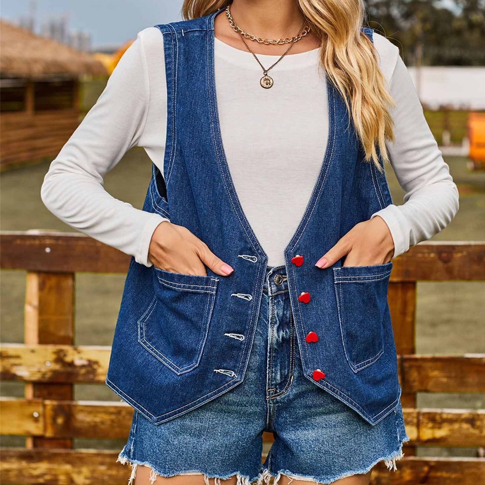 Frostluinai Womens Denim Vest Button Down Notch V Neck Waistcoat Vests ...
