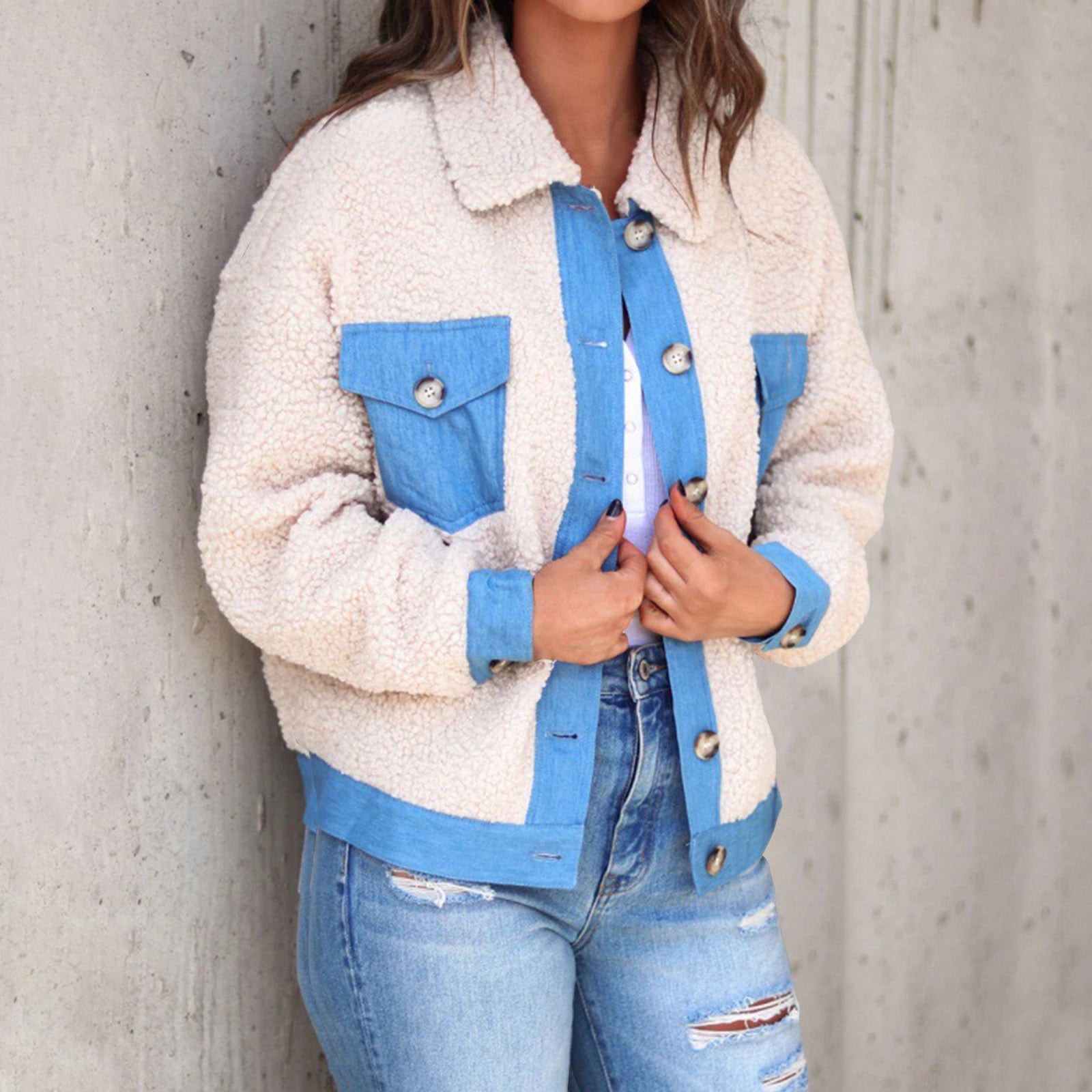 Frostluinai Womens Fuzzy Fleece Denim Jackets Long Sleeve Sherpa Jean Jacket Button Down Lapel ...