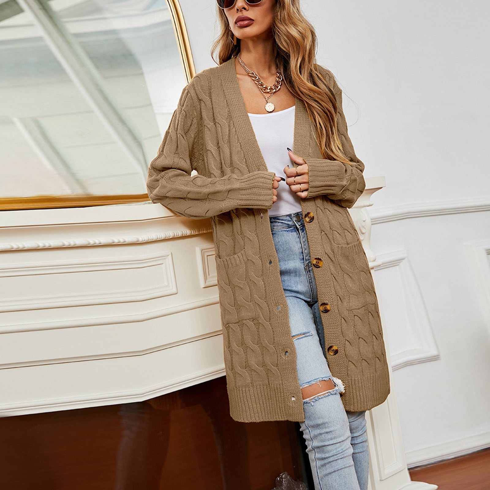 Frostluinai Womens Long Cardigan Sweaters Button Down V Neck Cable Knit ...
