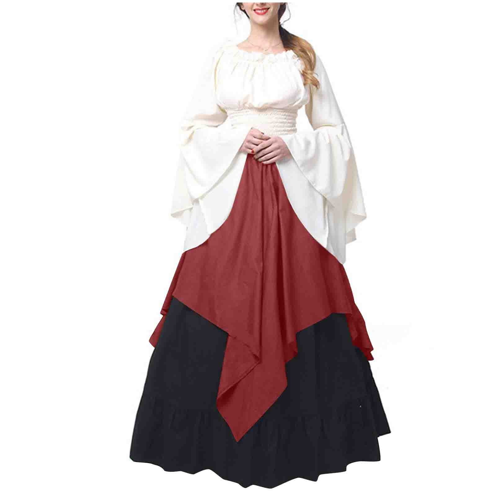 Frostluinai Womens Medieval Renaissance Dress Bell Long Sleeve Ruffle ...