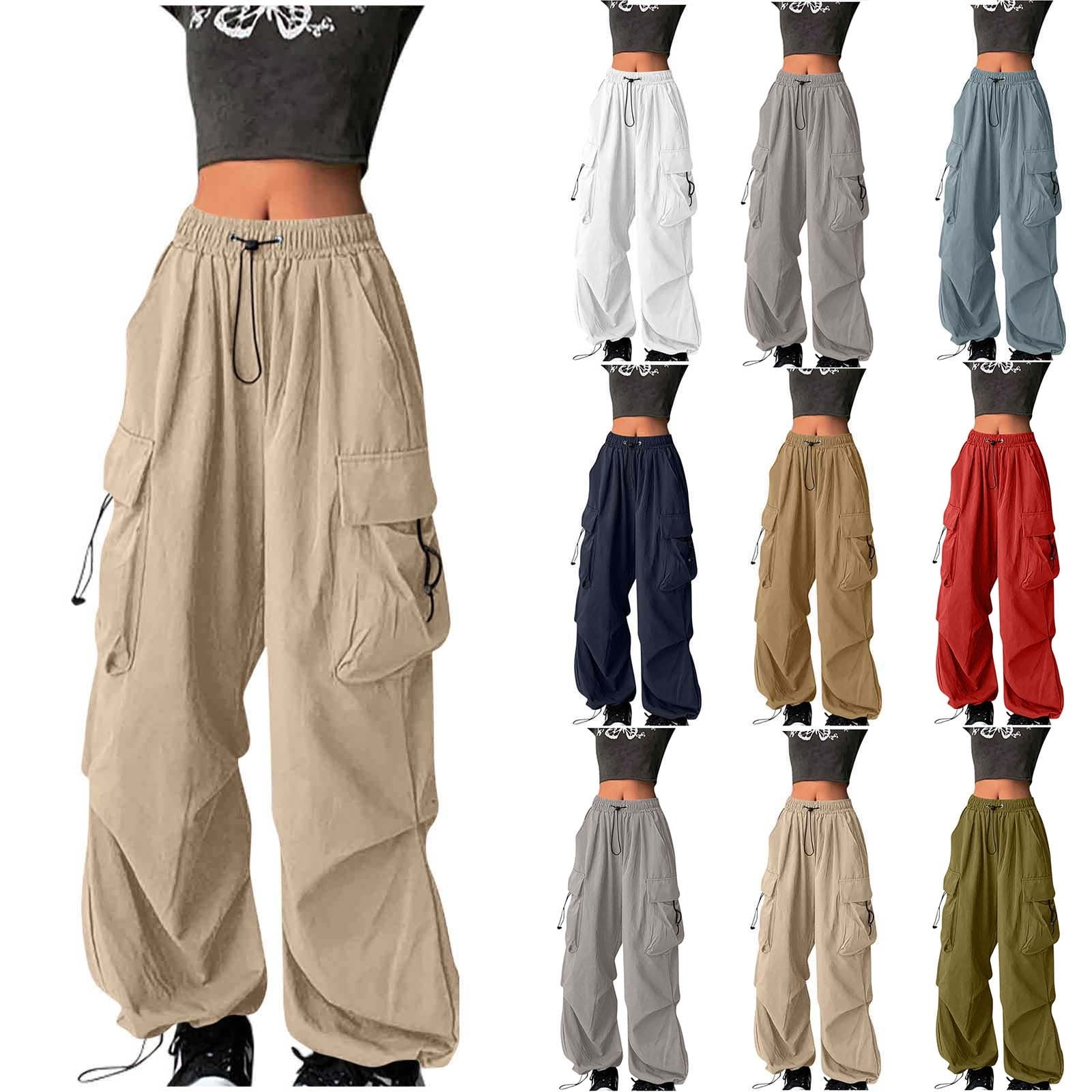 Frostluinai Womens Parachute Pants Wide Leg Baggy Pants Y2K Elastic ...