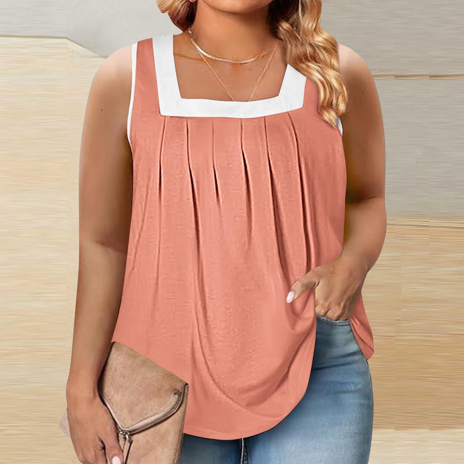 Frostluinai Womens Plus Size Tank Tops Square Neck Summer Tanks Sleeveless Pleated Tanks Color ...