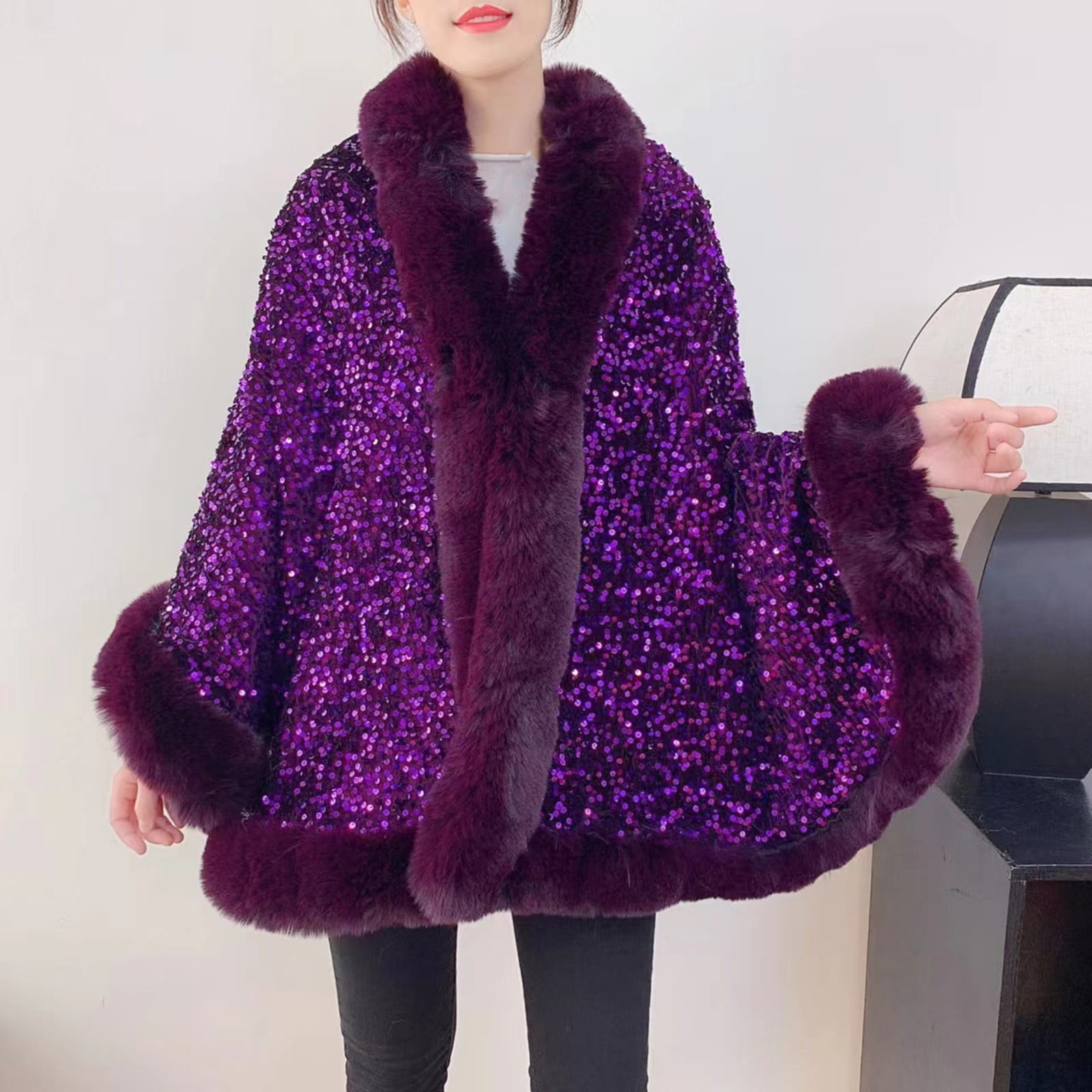 Frostluinai Womens Sequined Knit Poncho Cape Open Front Faux Fur Trim ...