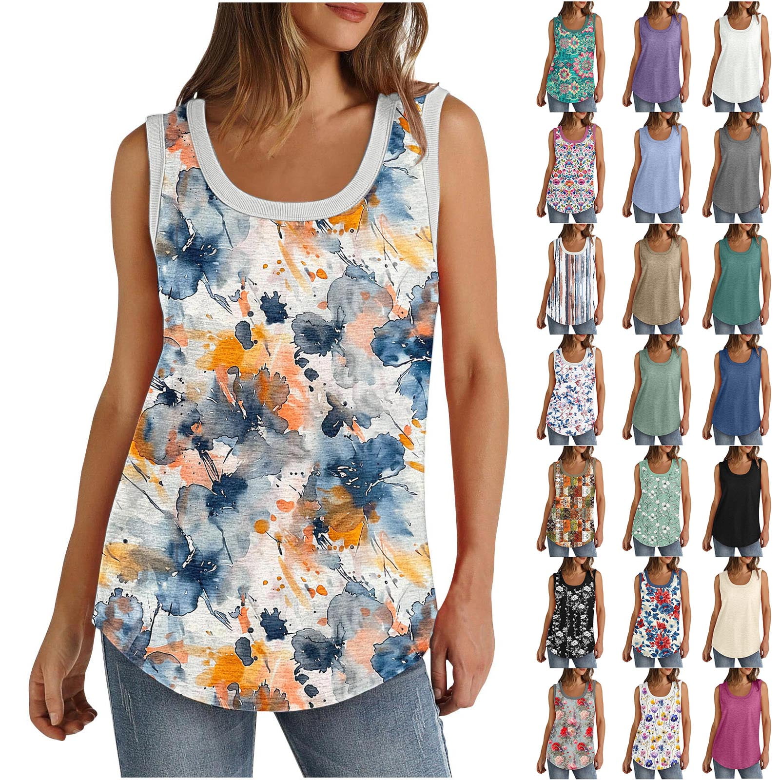 Frostluinai Womens Summer Tank Tops Sleeveless Floral Shirts Scoop Neck ...