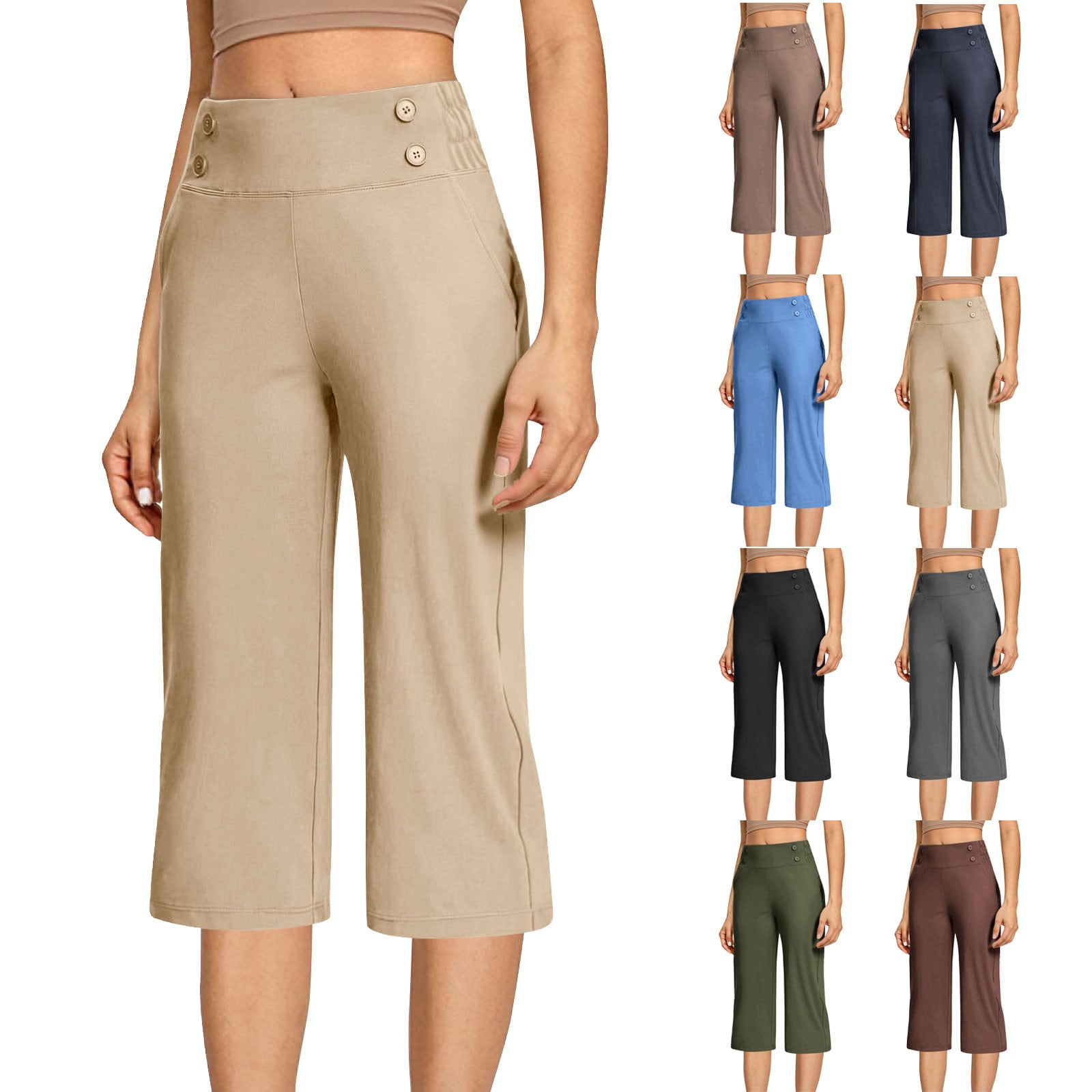 Frostluinai Womens Yoga Golf Capri Pants High Elastic Waist Baggy Wide Leg Pants Solid Casual ...