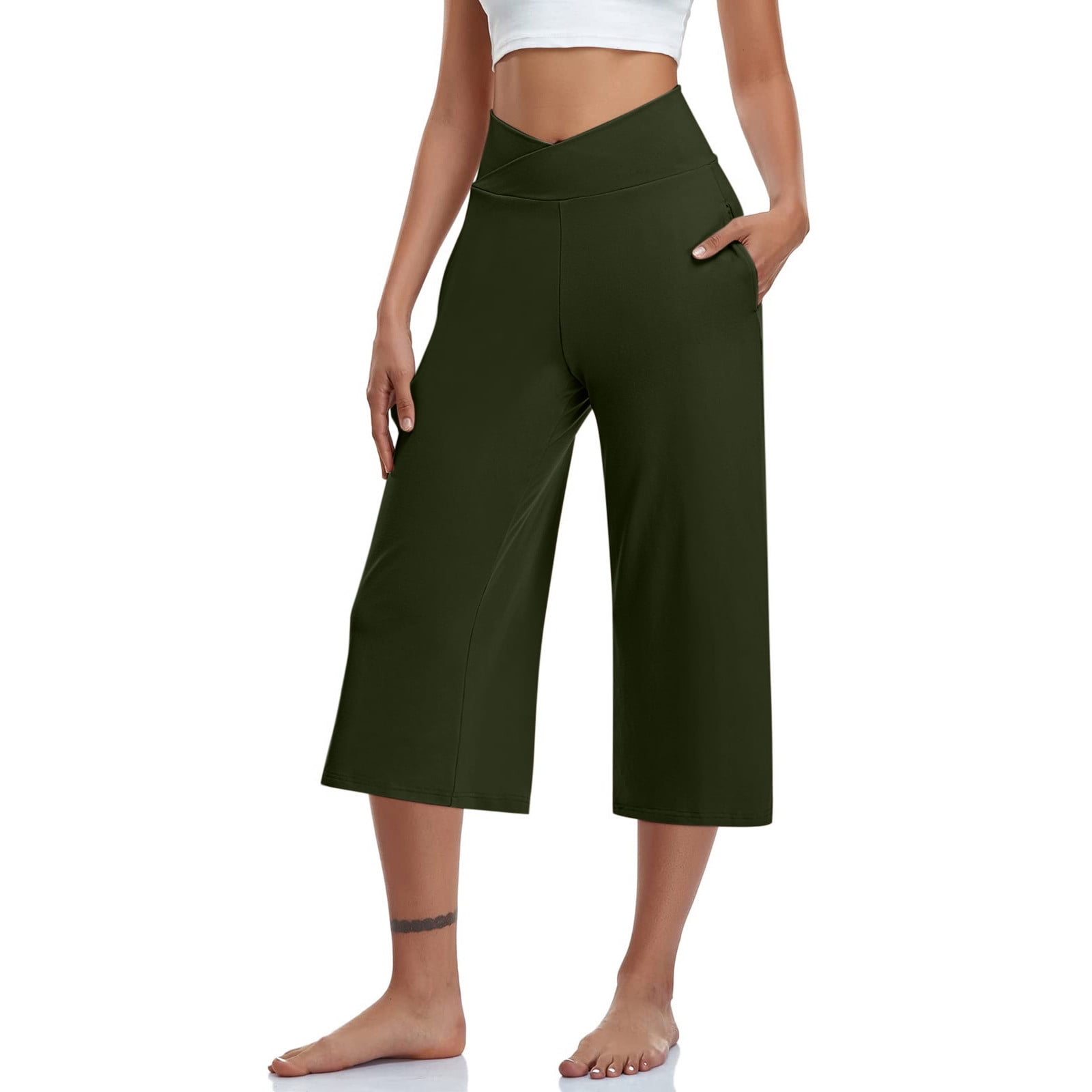 Frostluinai Womens Yoga Wide Leg Capris V Cross Waist Workout Pants
