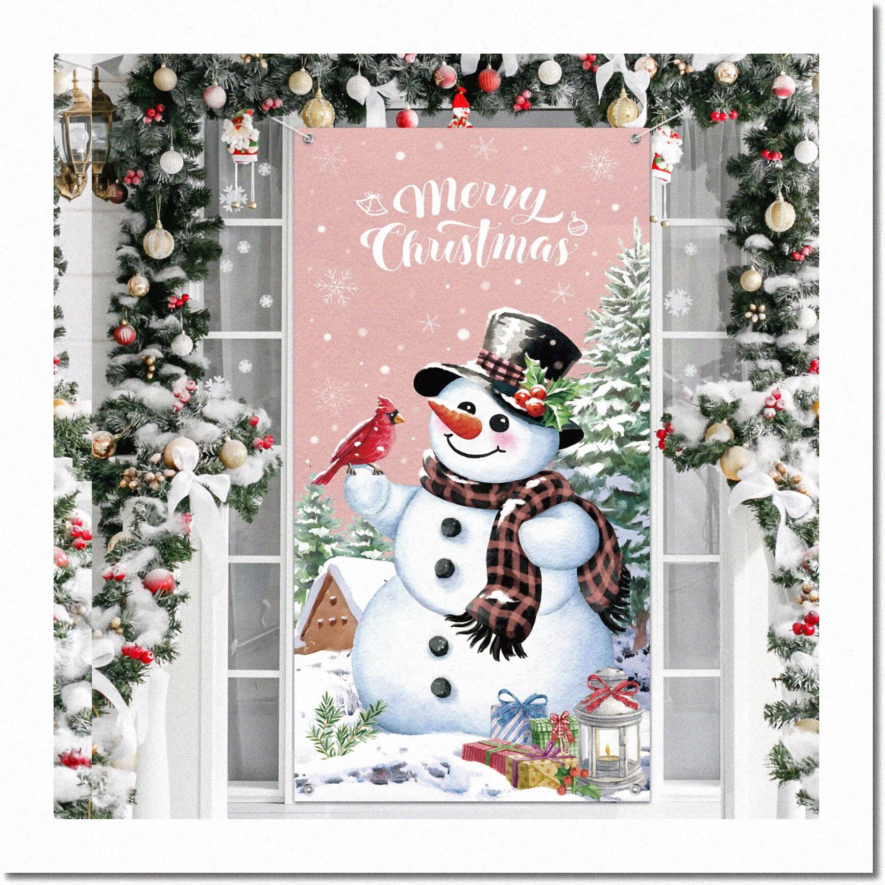 Frosty Pink Door Cover - Whimsical Winter Decor for Front Porch & Xmas ...
