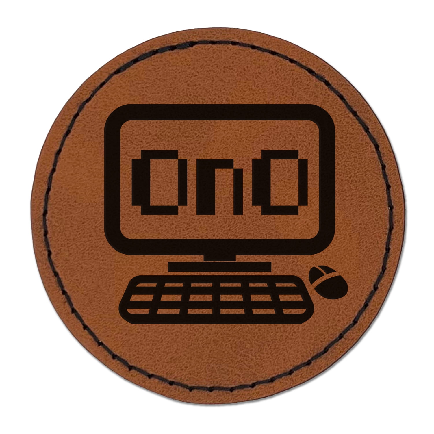 Frowning Kawaii Computer Face Emoticon 2.5" Faux Leather Round Engraved ...