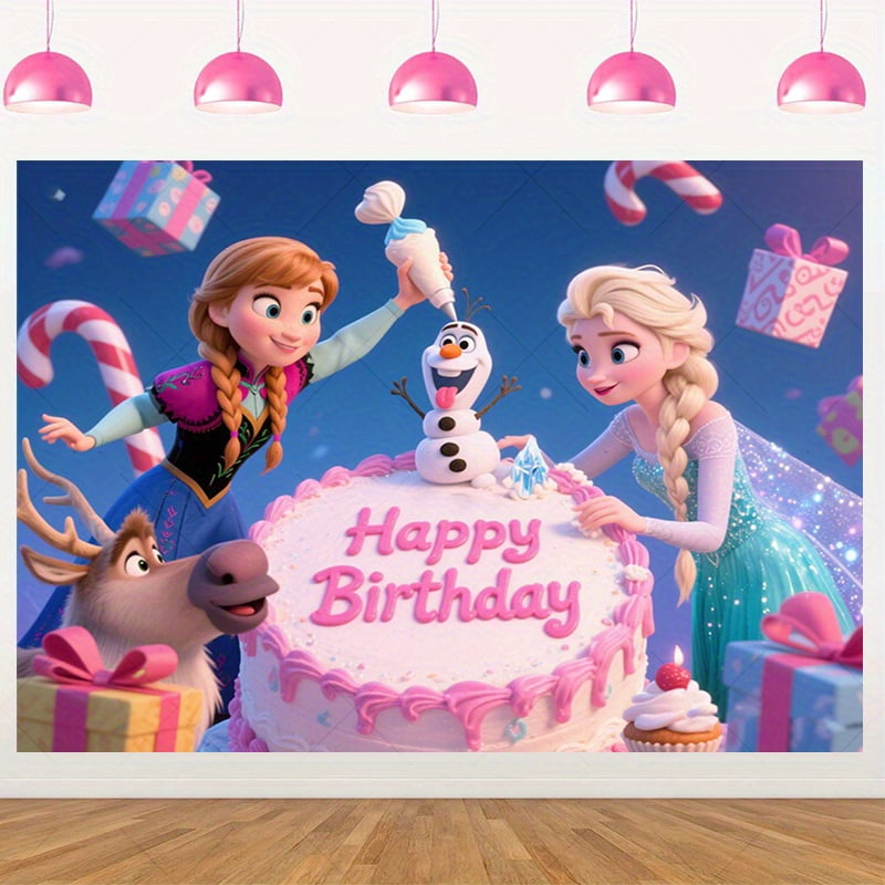 Frozen Elsa and Anna's birthday party background - a pink cake ...