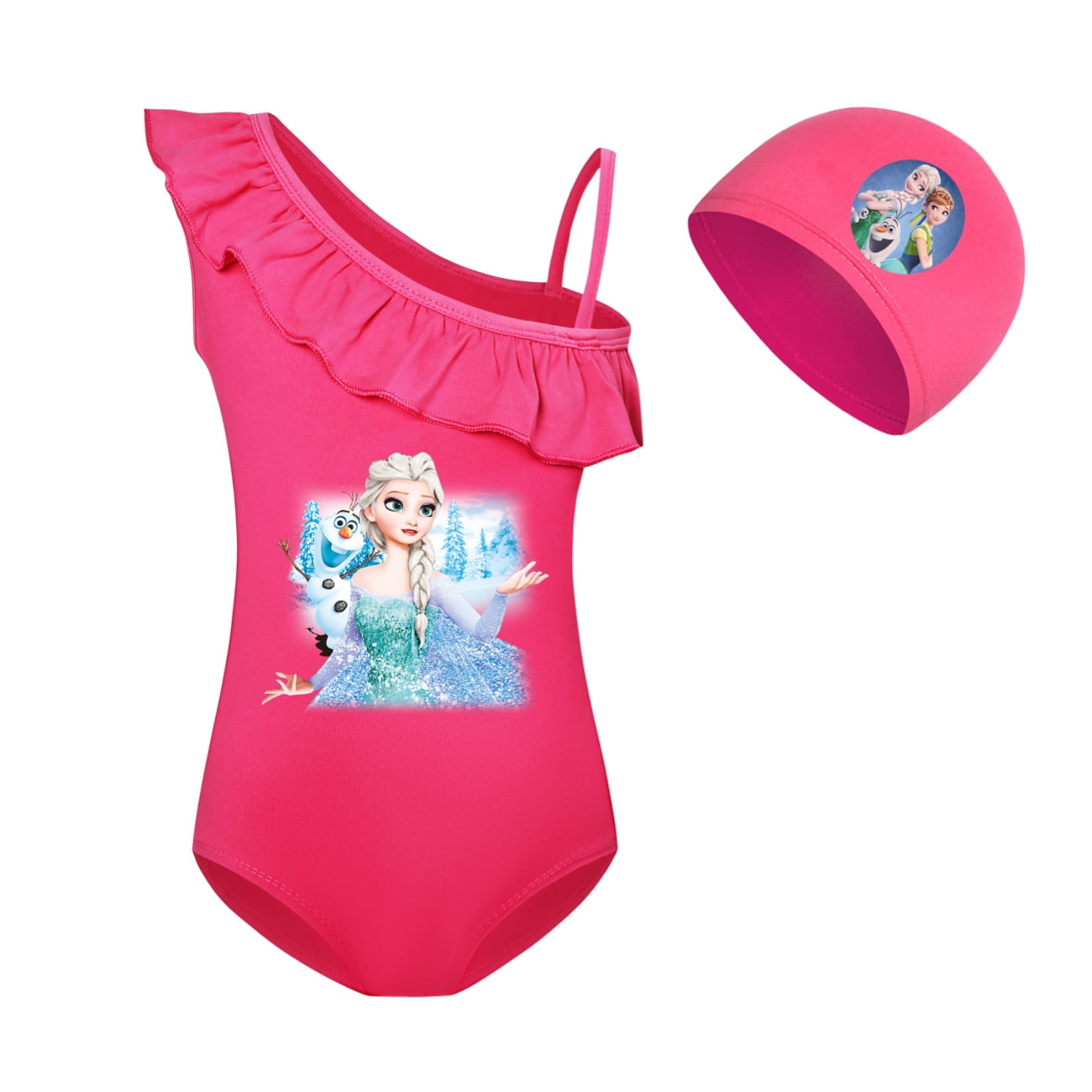 Frozen Elsa Girl's Cute One-Piece Swimsuit Swimming Cap Suit Cartoon ...