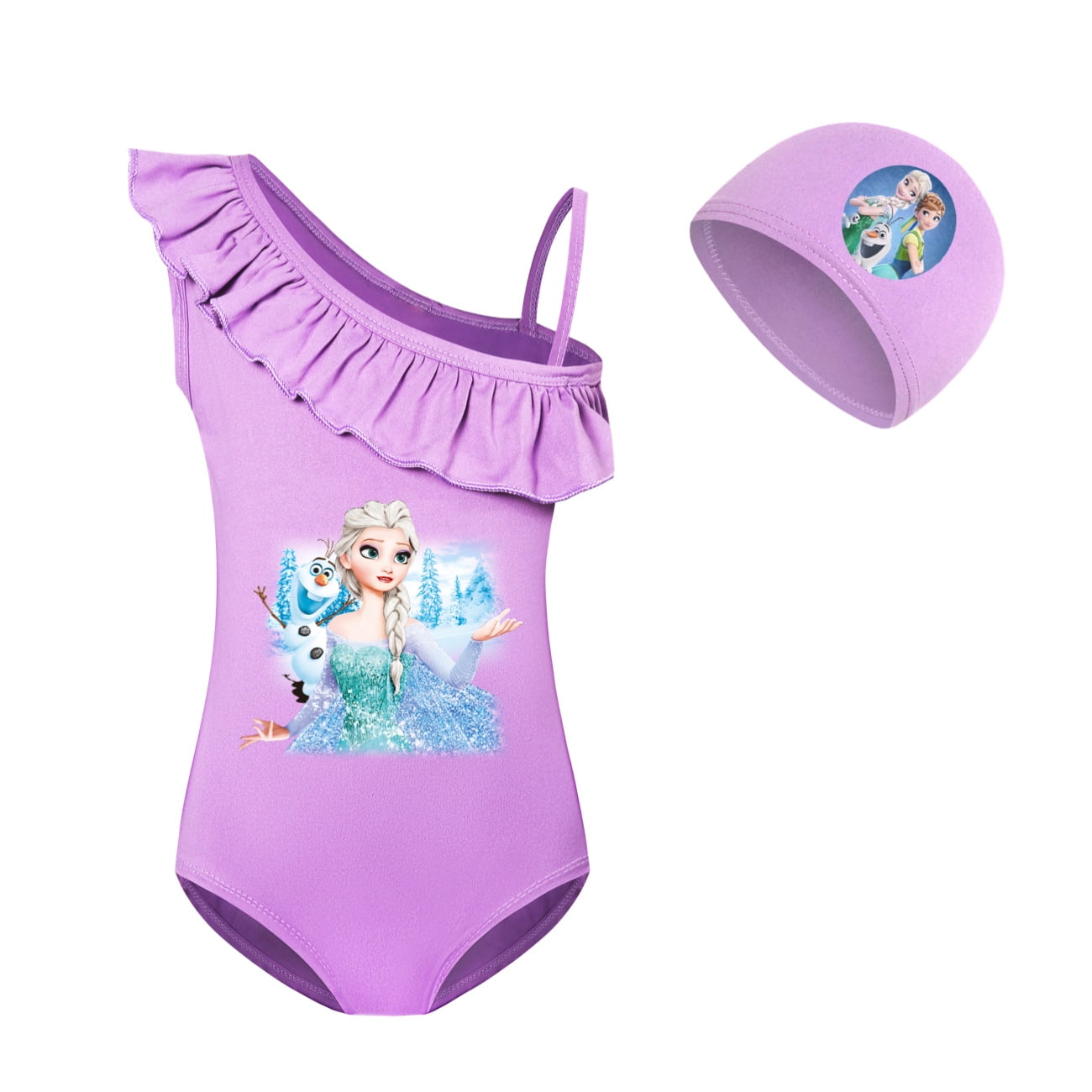 Frozen Elsa Girl's Cute One-Piece Swimsuit Swimming Cap Suit Cartoon ...