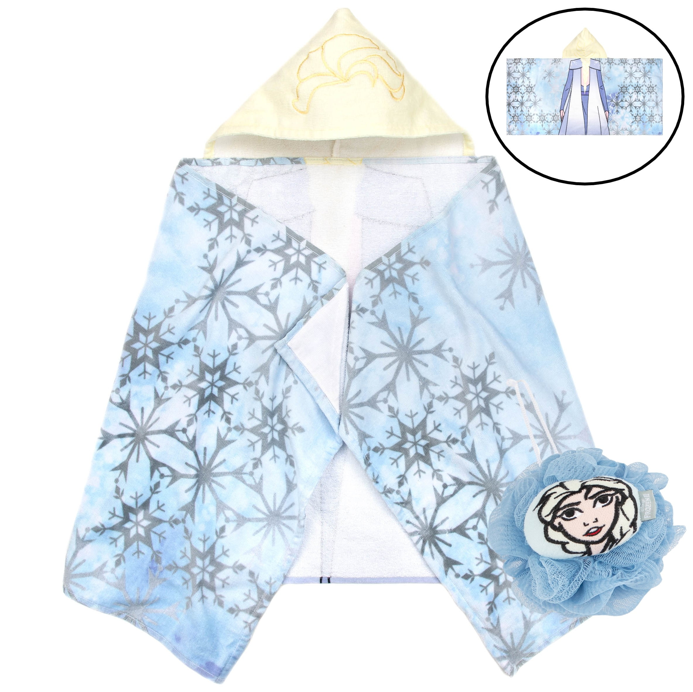 Frozen Elsa Kids Hooded Towel and Character Loofah Set, Cotton, White ...