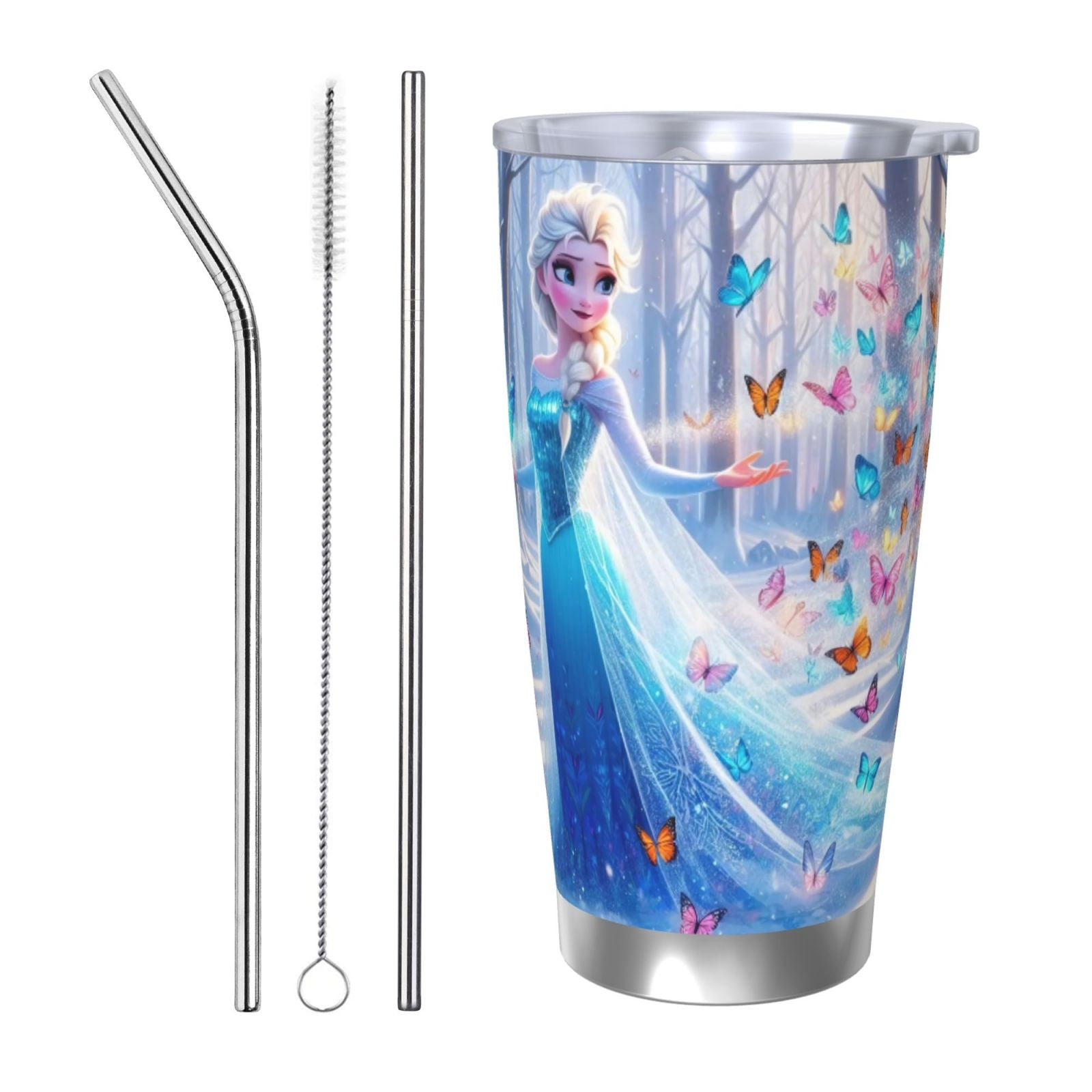 Frozen Elsa Snowflake Butterfly Kids Water Bottle with Straw Lid ...