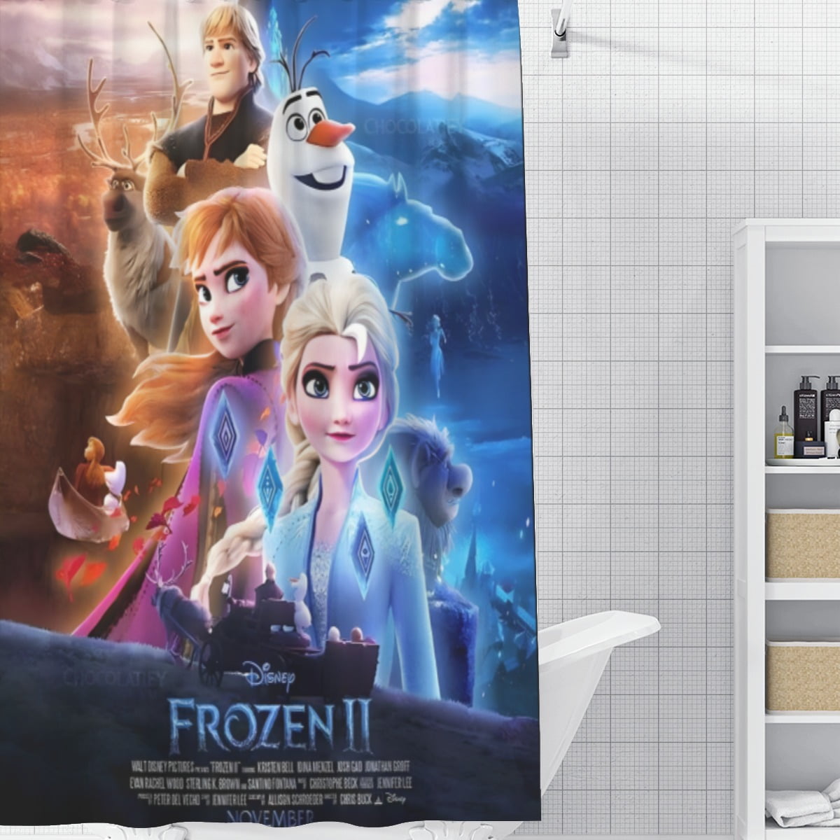 Frozen* shower curtain features an iconic print, is waterproof and easy ...