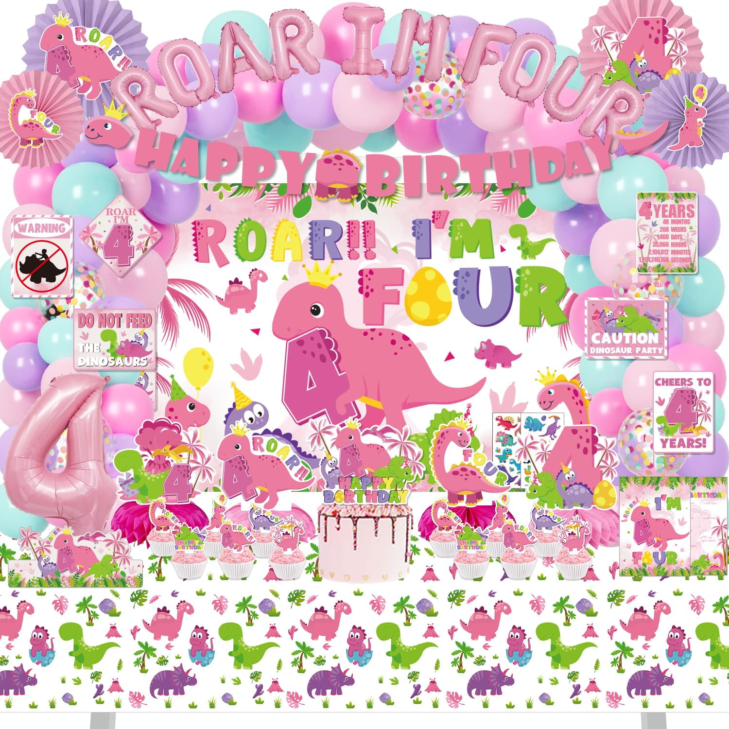 FrozzlyFun Girl Dinosaur 4th DHF10 Birthday Decorations for Girls, 4 ...