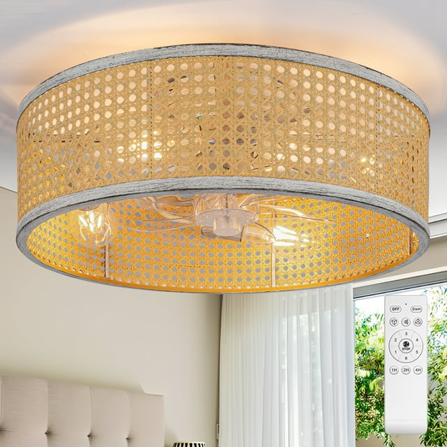 Frstem Boho Style Rattan Fandelier, 20" Flush Mount Ceiling Fan with ...