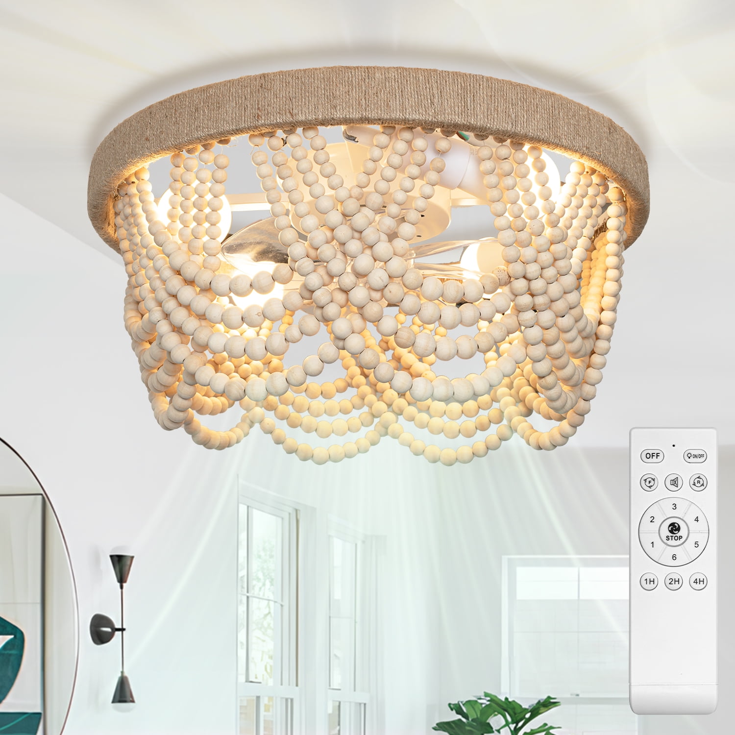 Frstem Boho Wood Beaded Fandelier, 20" 6-speed Flush Mount Ceiling Fan ...