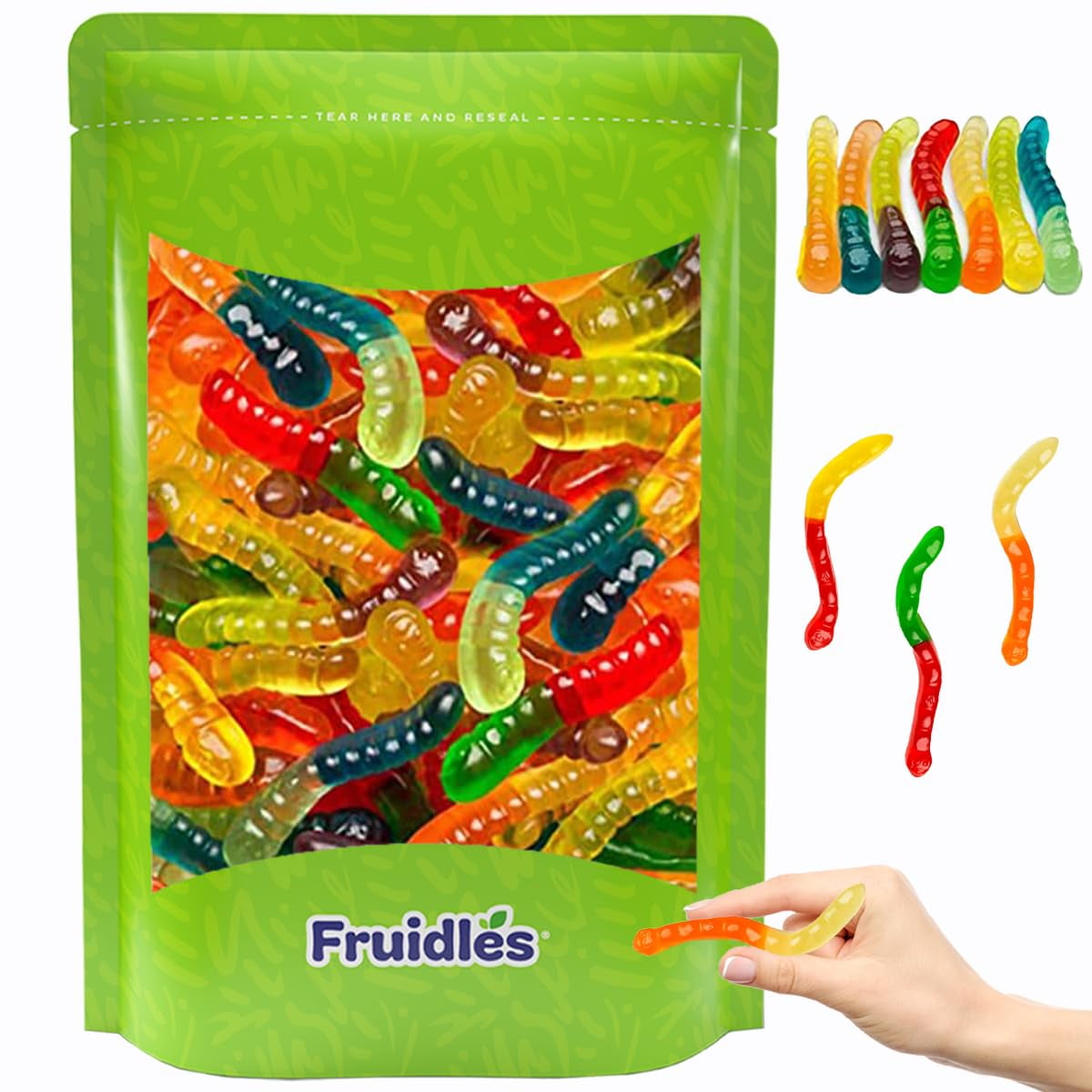 Fruidles Large Gummi Worms Candy, Assorted Fruit Flavors Gummies ...