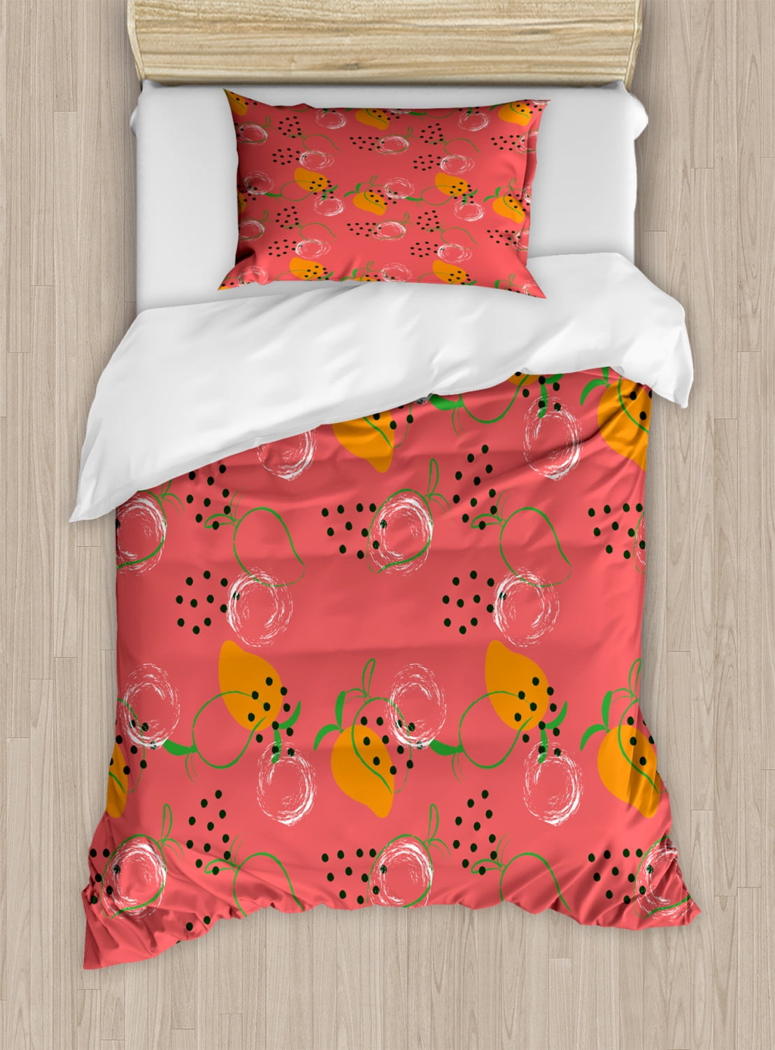 Fruit Art Duvet Cover Set, Exotic Mango Fruits and Dotted Silhouettes ...