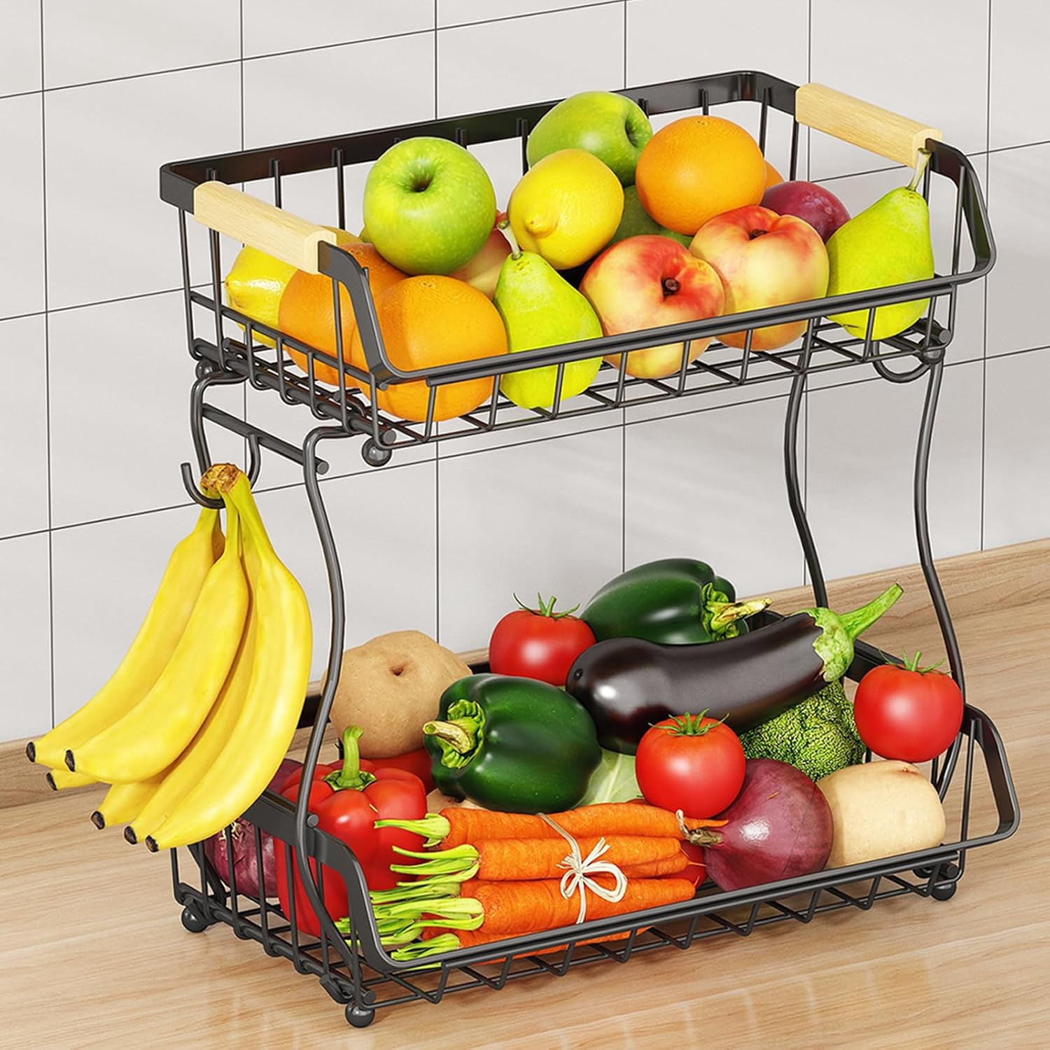 Fruit Basket with 2 Banana Hooks, Countertop Fruit Vegetable Basket ...