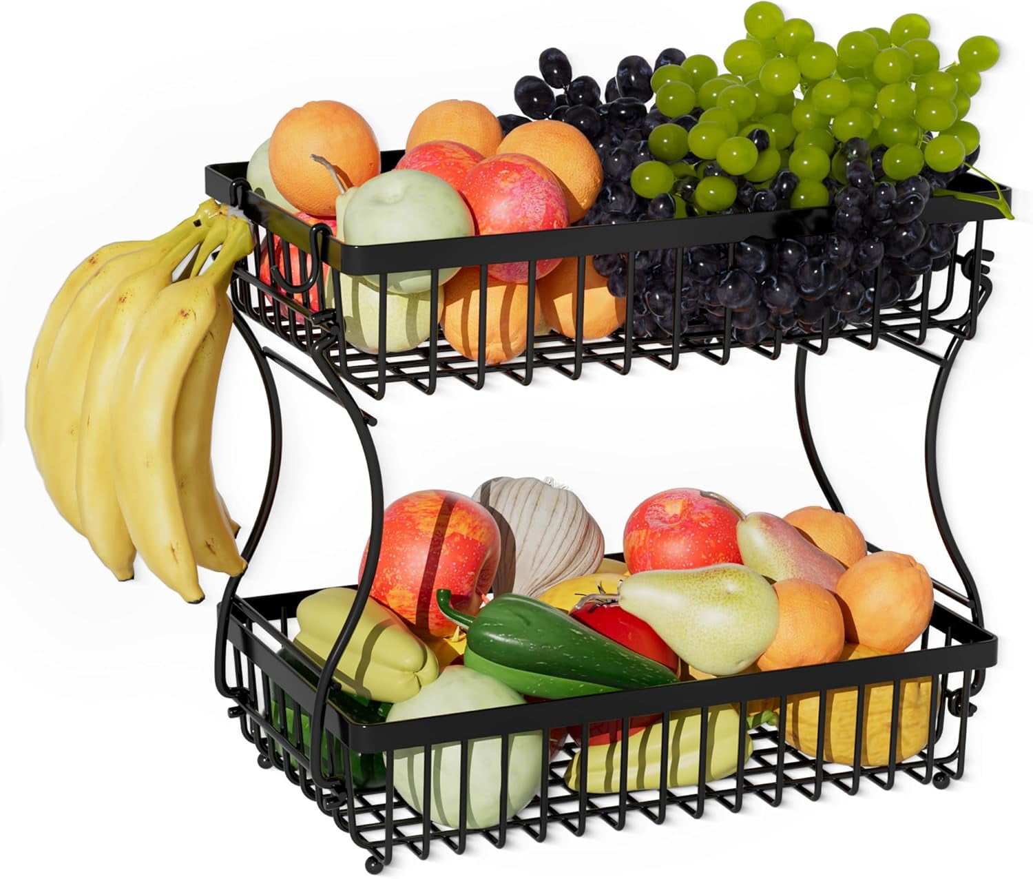 Fruit Basket,2-Tier Fruit Bowl with Banana Hanger,Kitchen Storage ...